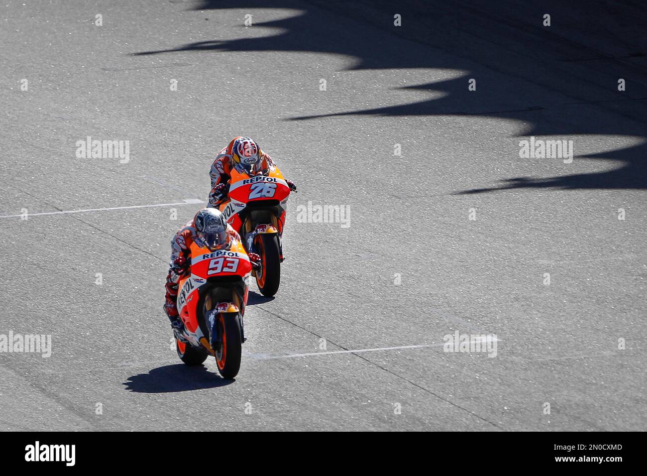 Spanish MotoGP riders Marc Marquez, left, and his teammate Dani Pedrosa ...
