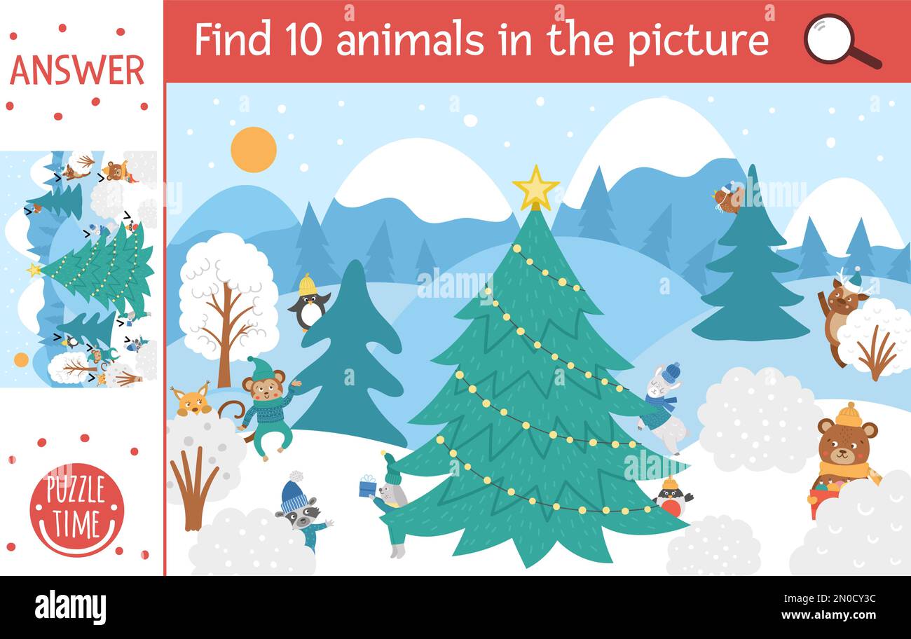 Vector Christmas searching game with cute characters in winter forest ...