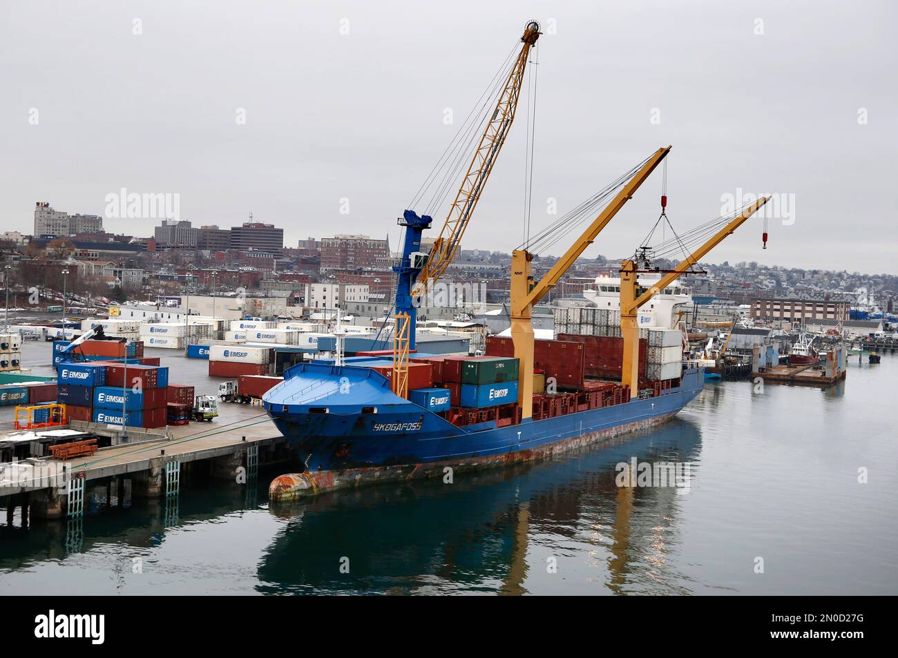 In this Friday, Jan. 29, 2016 photo, an Icelandic cargo ship is loaded ...