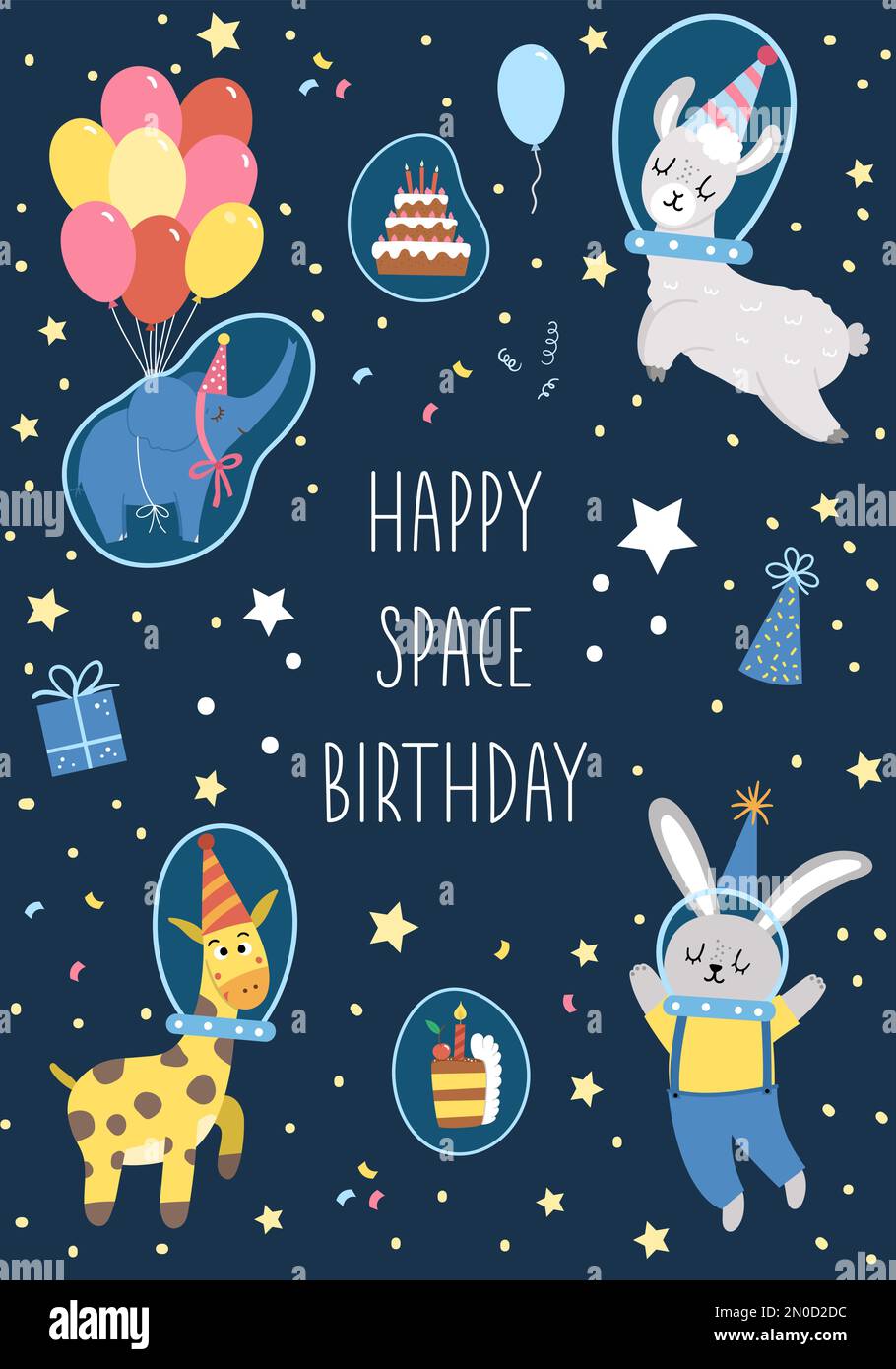 Space Birthday party greeting card template with cute animals in ...
