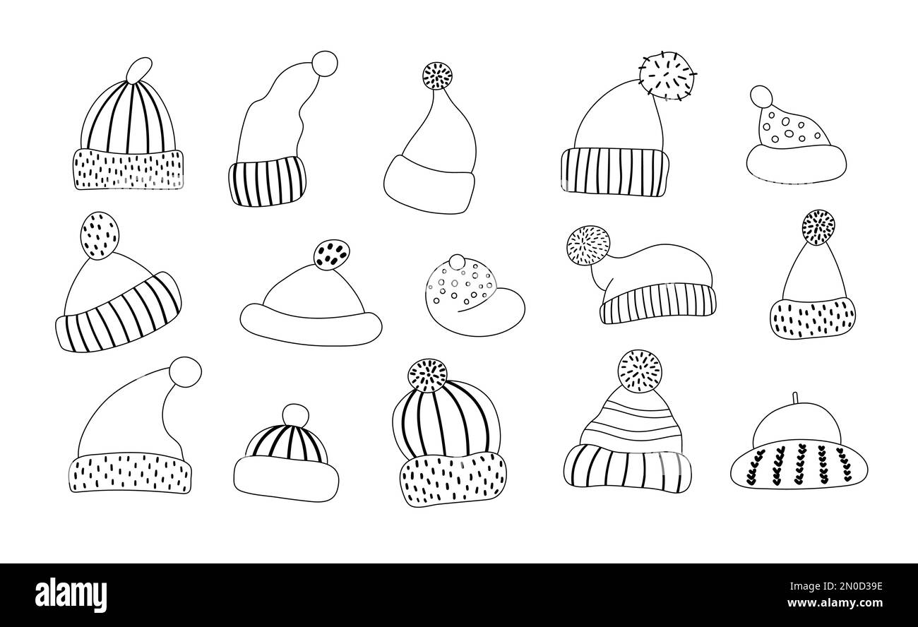 Vector black and white set of cute hats. Funny line collection of warm ...
