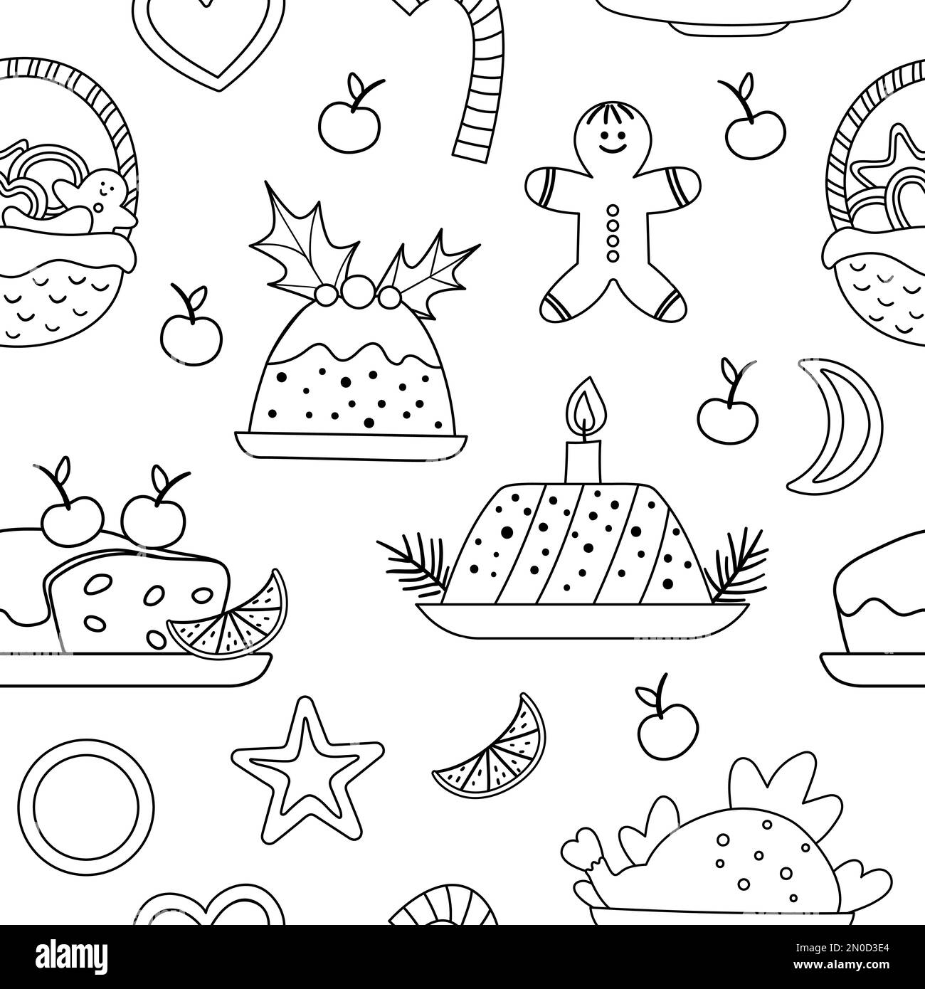 Vector black and white seamless pattern with traditional Christmas desserts and dishes. Cute ...