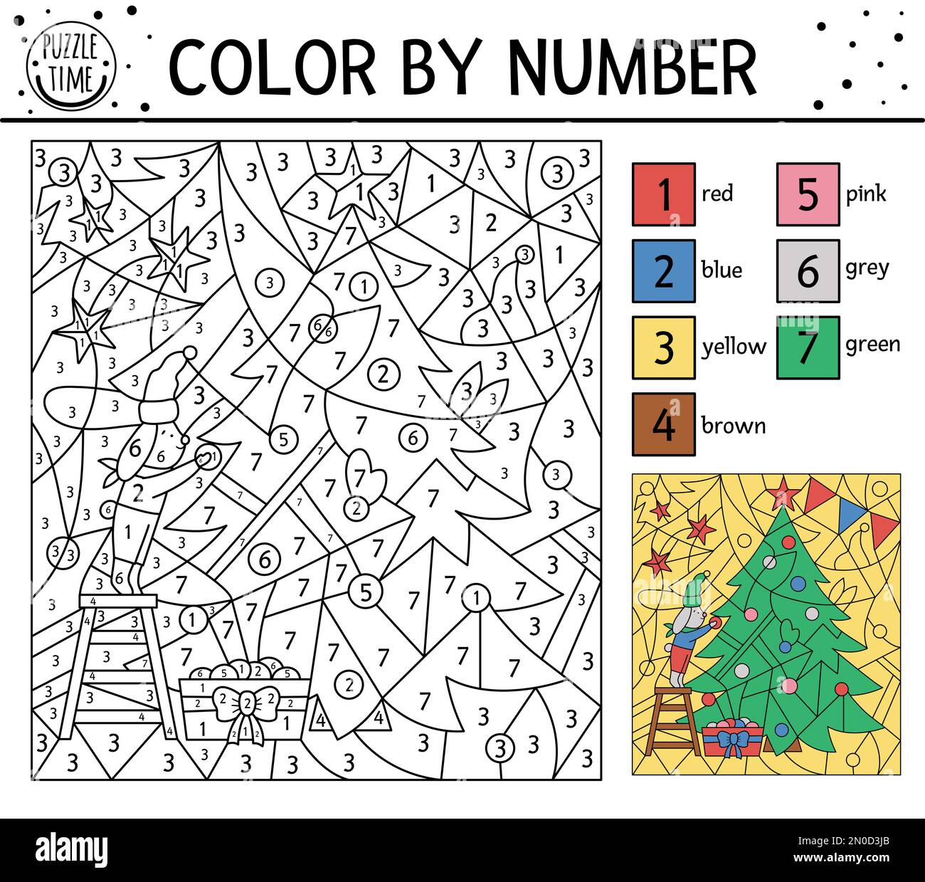 Vector Christmas color by number activity with rabbit decorating fir ...