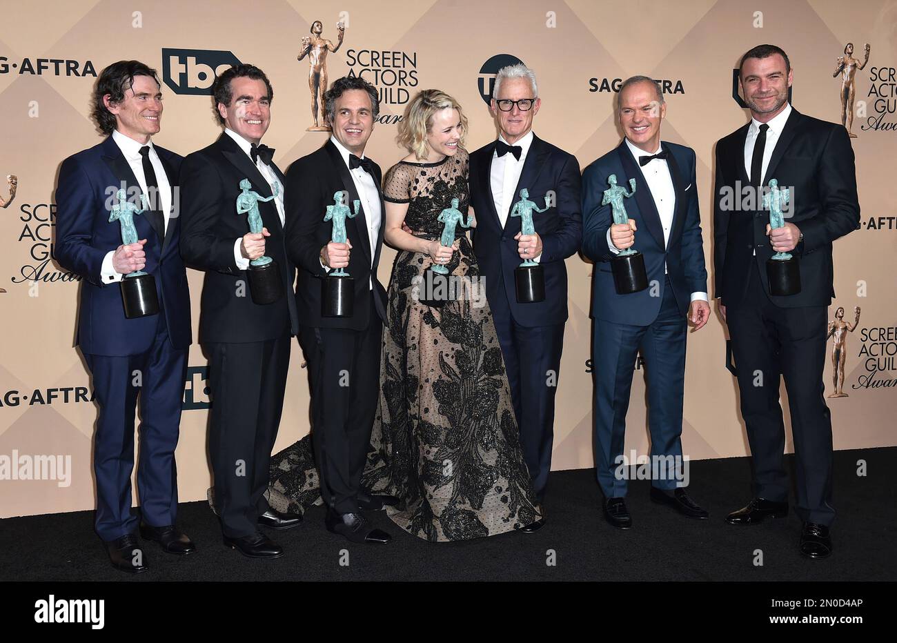 The cast of “Spotlight” pose in the press room with their awards for ...