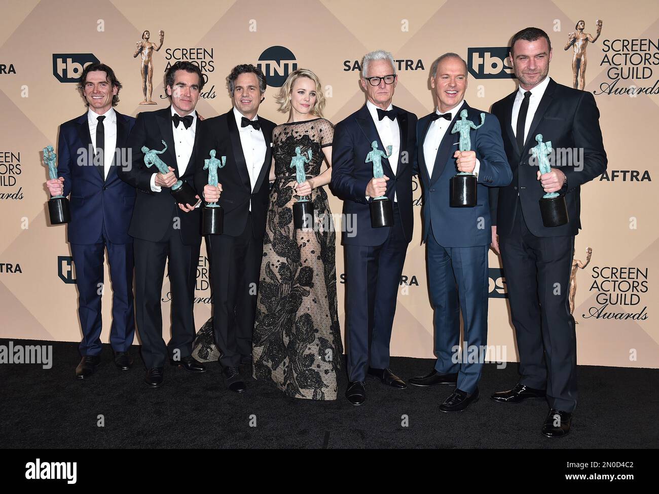 The cast of “Spotlight” pose in the press room with their awards for ...