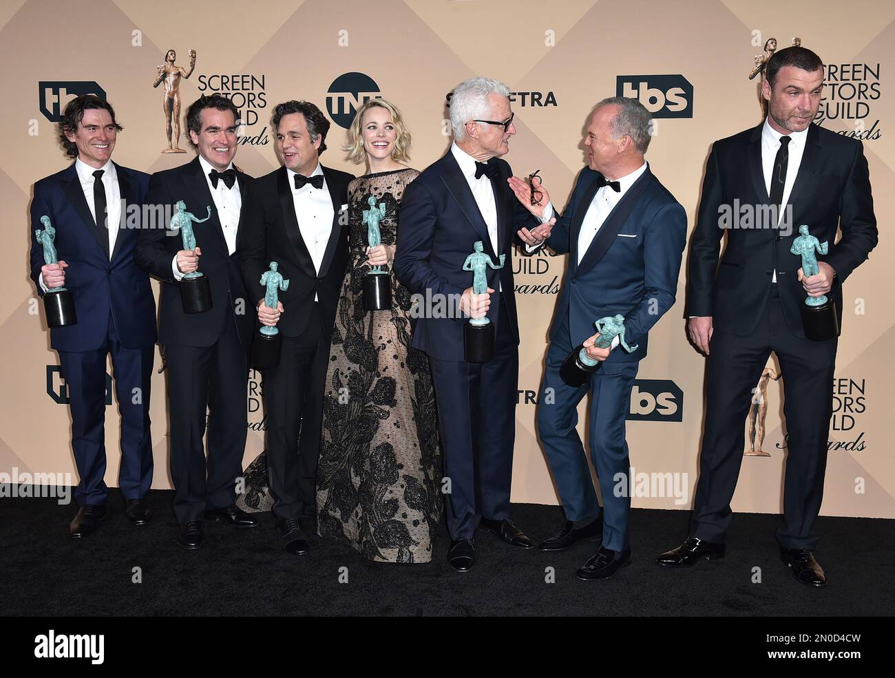 The cast of “Spotlight” pose in the press room with their awards for ...