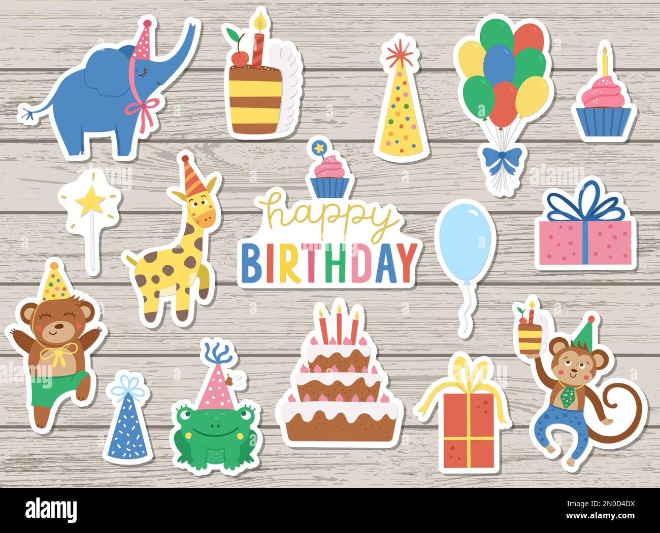 Set of cute cheerful stickers with animals in party hats on wooden ...