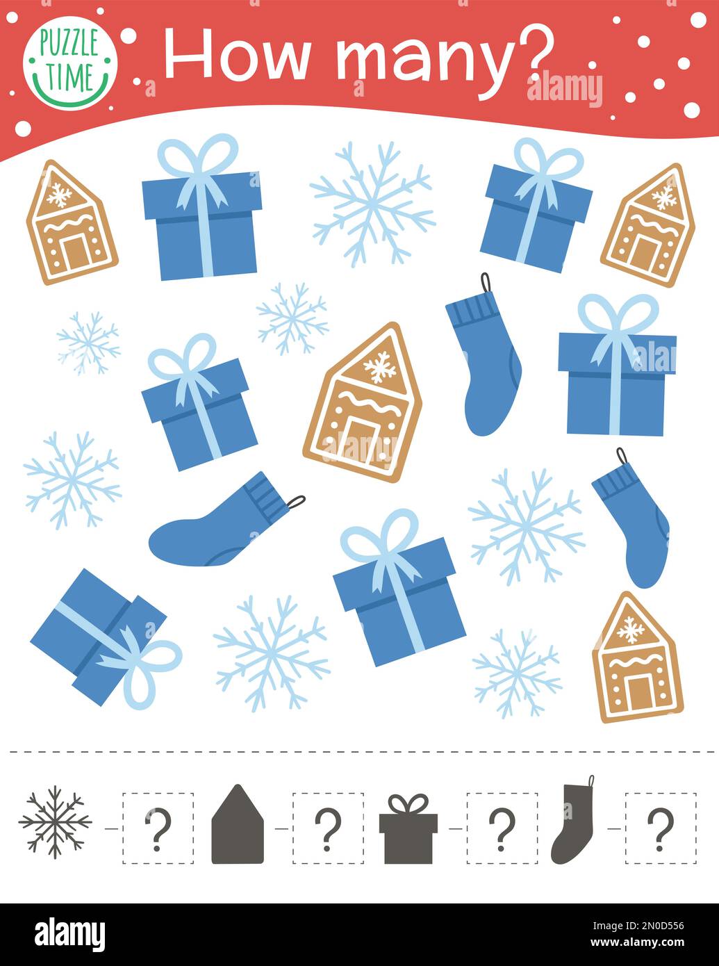 Christmas counting game with gingerbread, snowflake, present, stocking ...