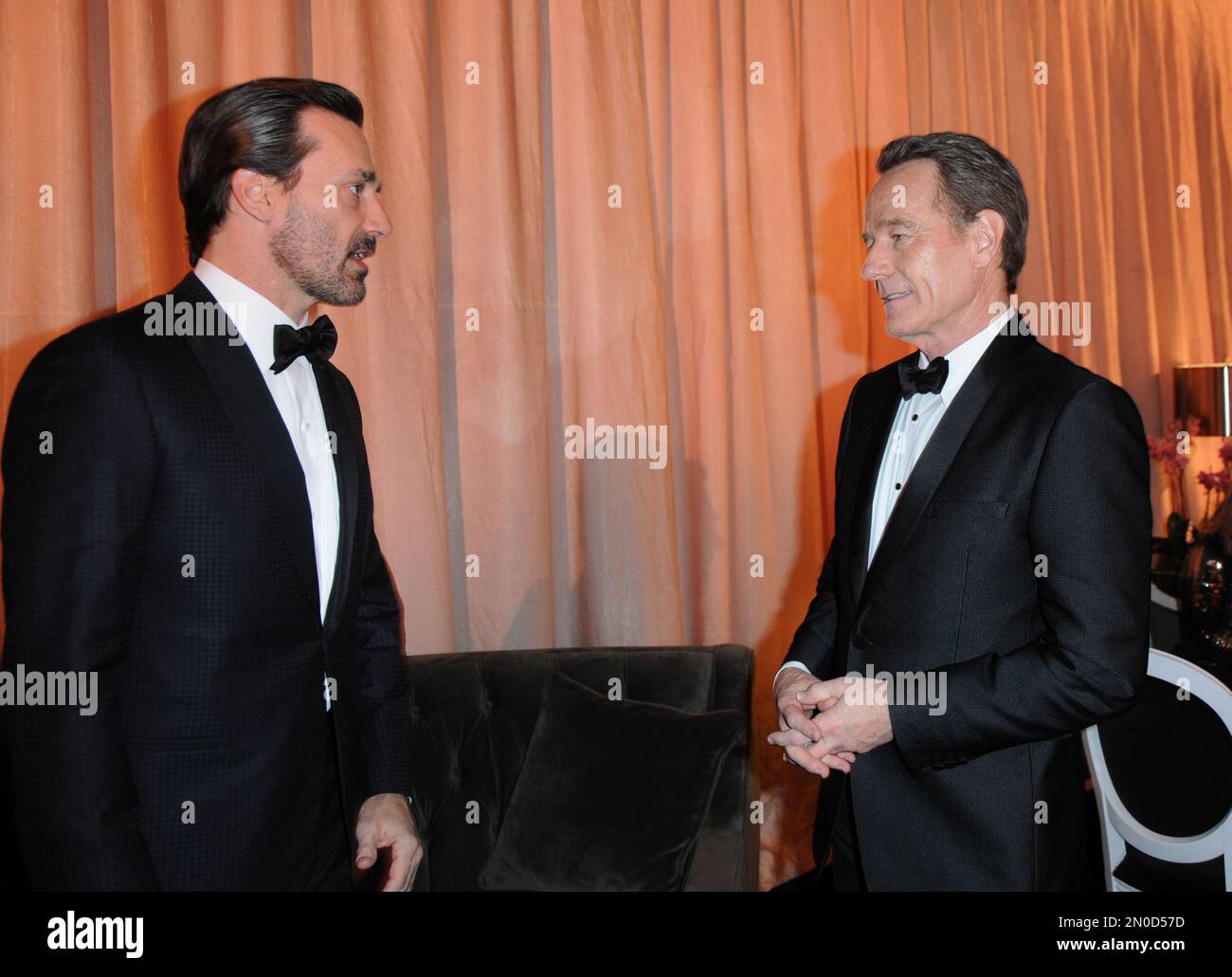 EXCLUSIVE - Jon Hamm, left, and Bryan Cranston pose in the green room ...