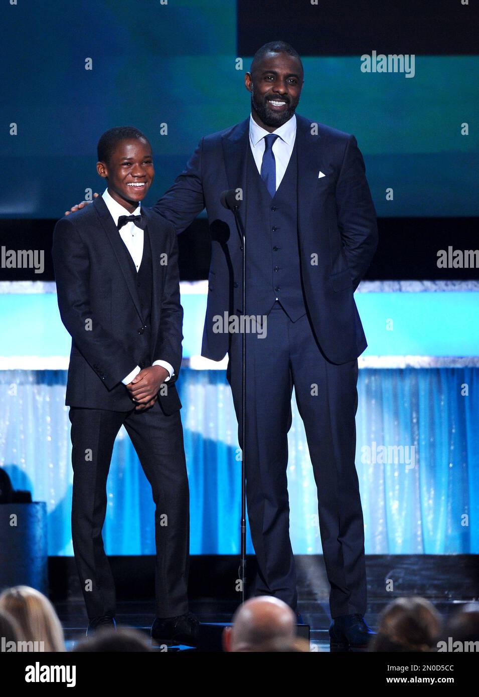 Abraham Attah, left, and Idris Elba introduce their film “Beasts of No ...
