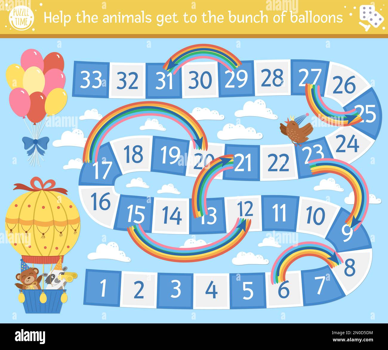 Birthday board game for children with cute animals in hot air balloon ...