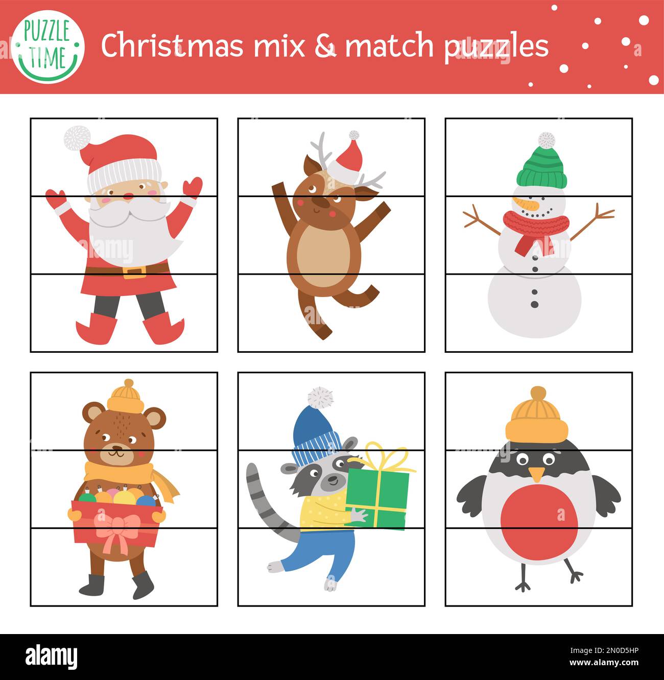 Christmas mix and match puzzle with traditional holiday characters ...