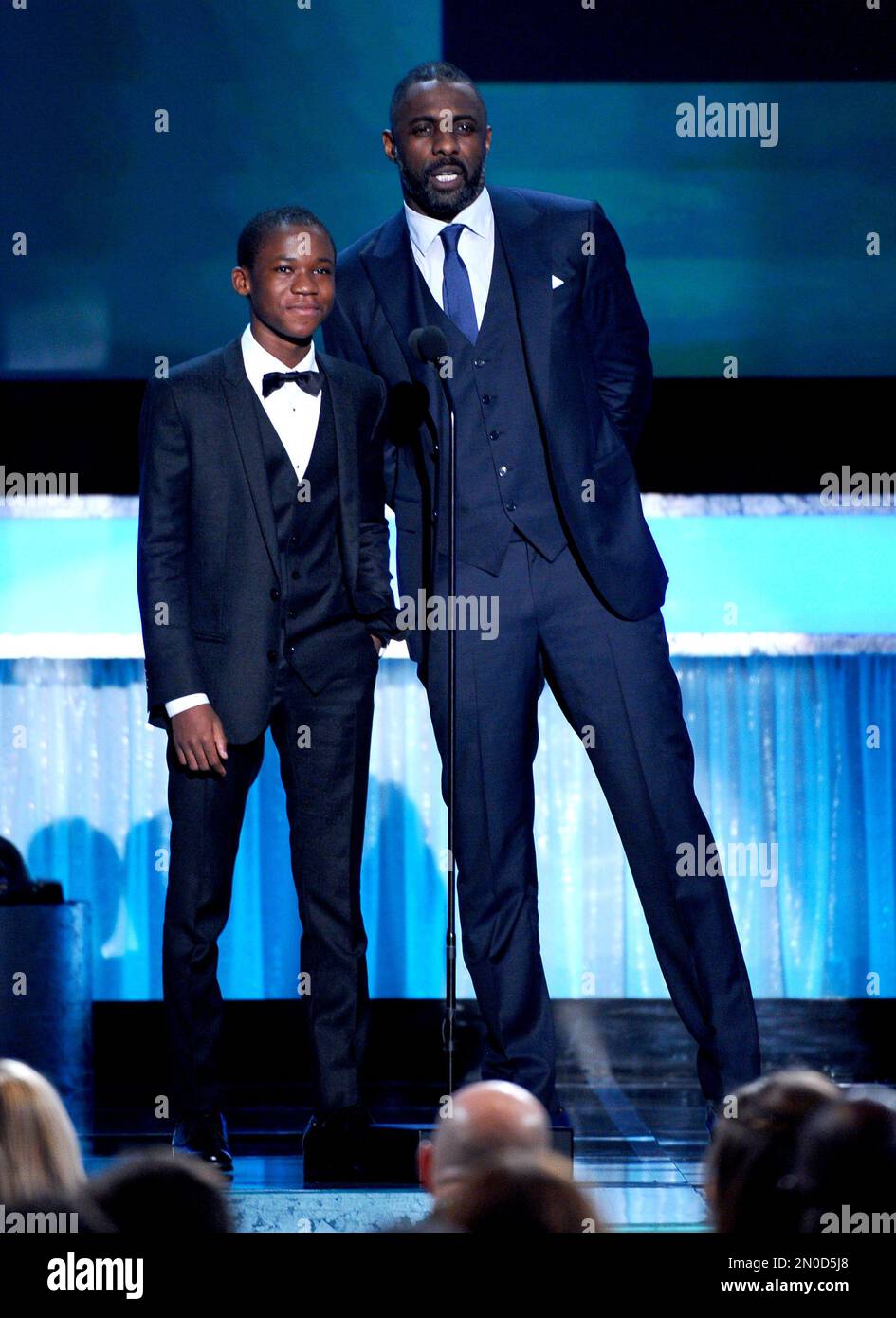 Abraham Attah, left, and Idris Elba introduce their film “Beasts of No ...