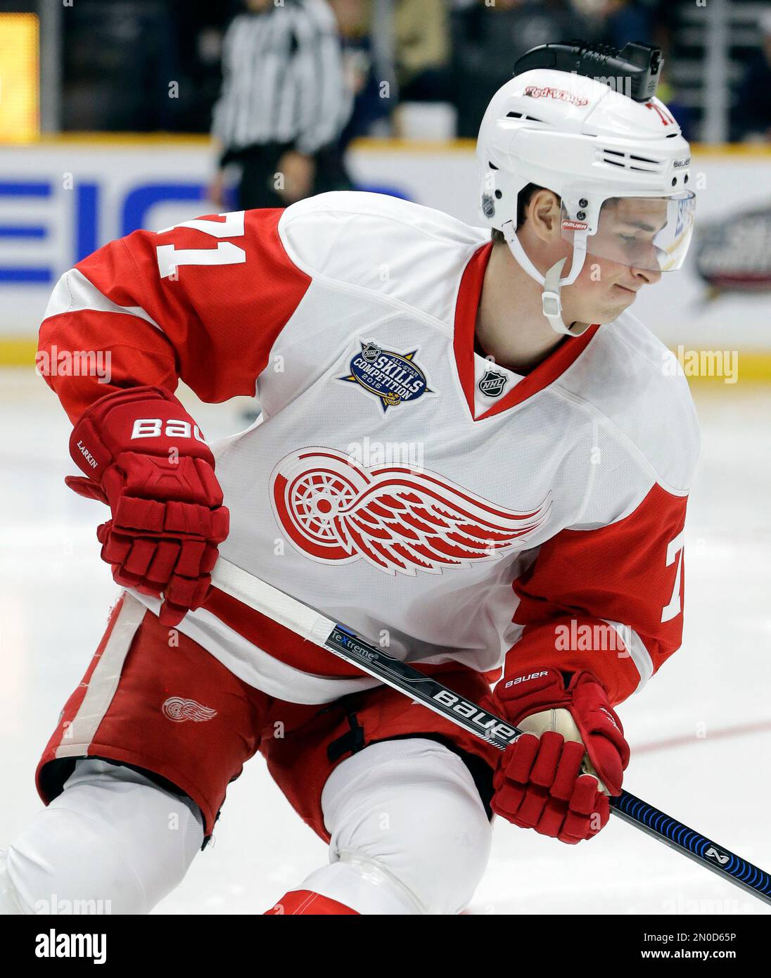 Detroit Red Wings forward Dylan Larkin wears a camera on his helmet as ...