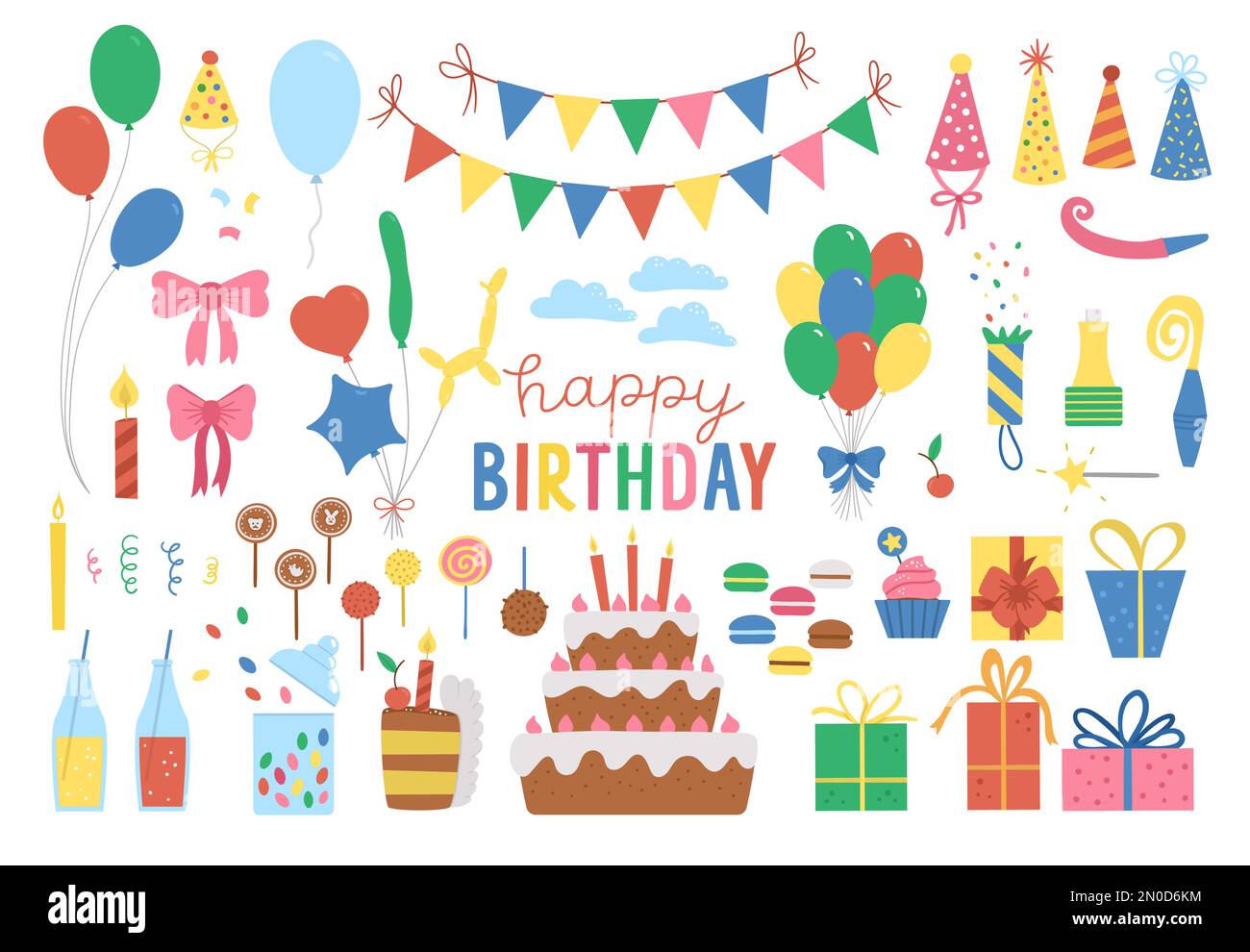 Set of cute Birthday design elements. Party celebration clipart ...