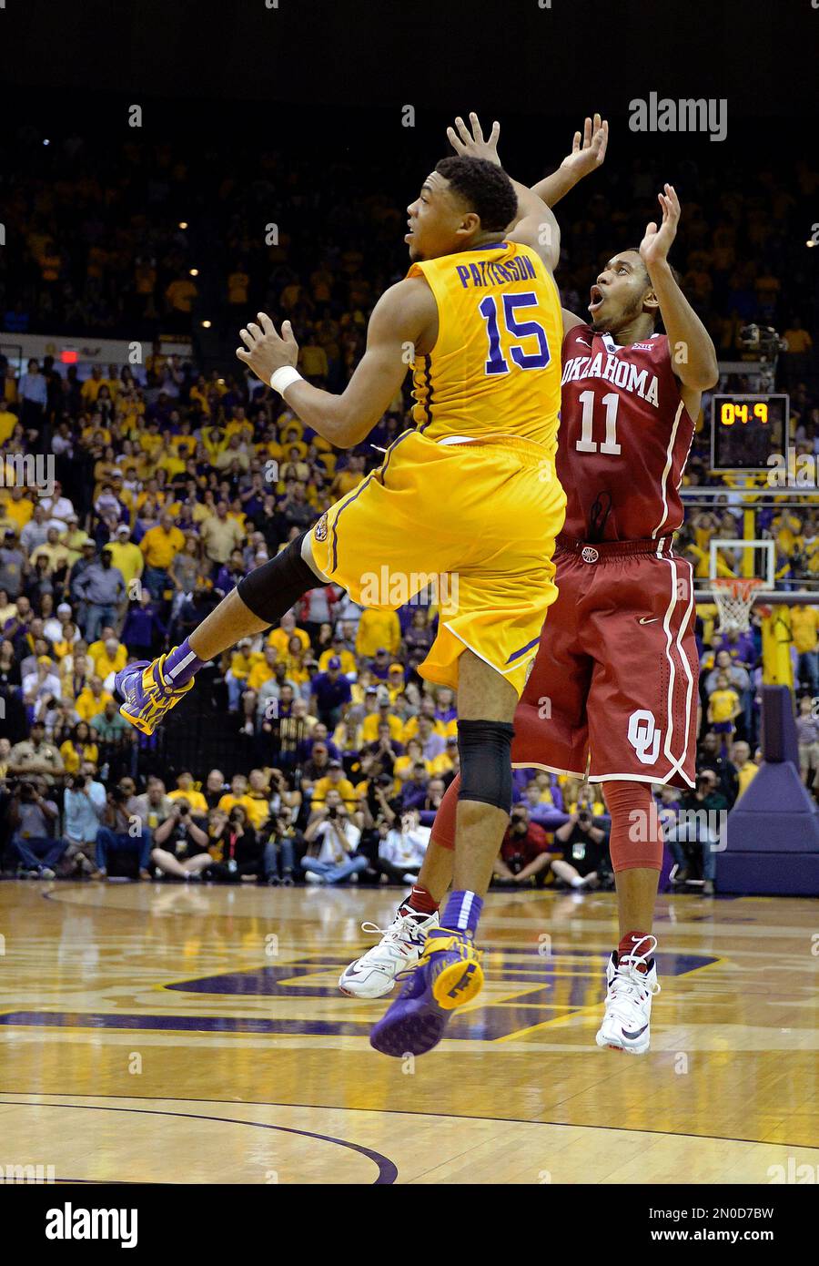 LSU guard Jalyn Patterson (15) and Oklahoma guard Isaiah Cousins (11 ...
