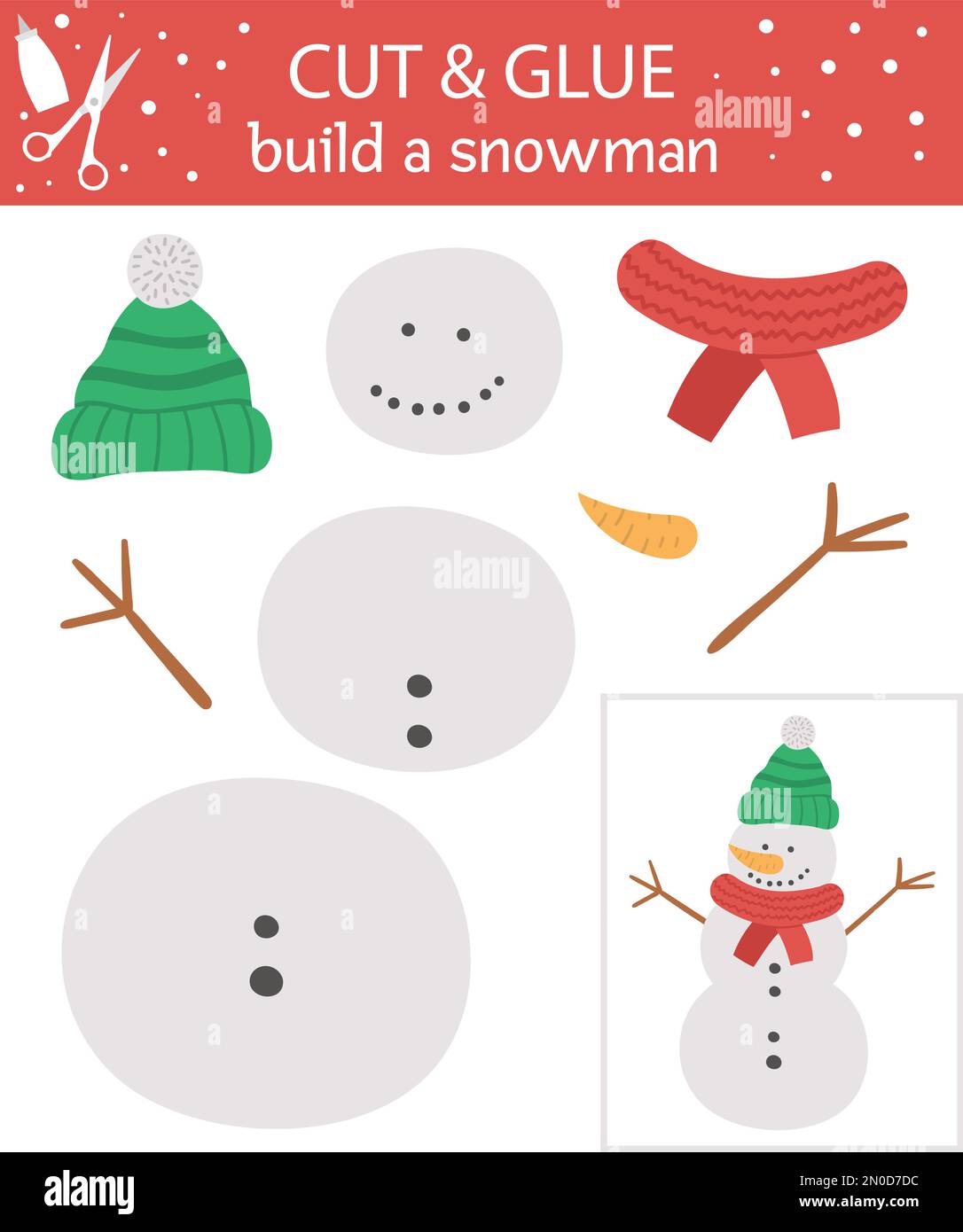 Vector Christmas cut and glue activity. Winter educational crafting ...