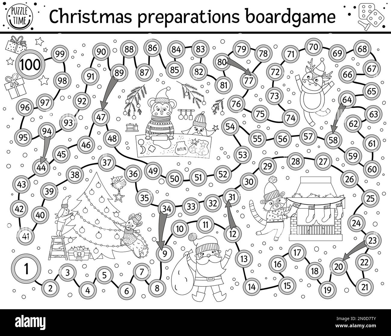 Christmas black and white board game for children with cute animals and ...
