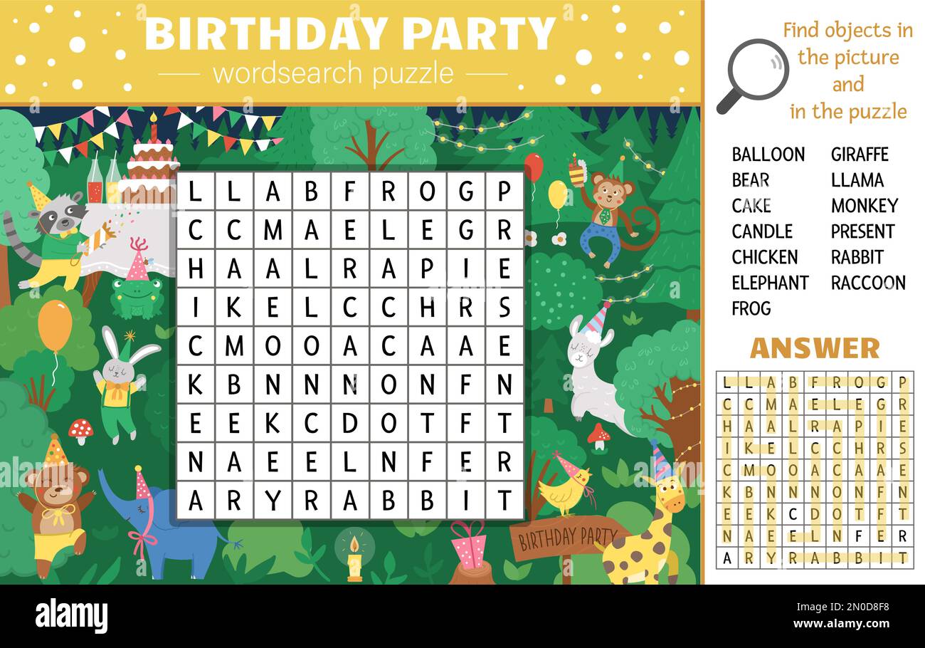 Vector Birthday party wordsearch puzzle for kids. Simple crossword with ...