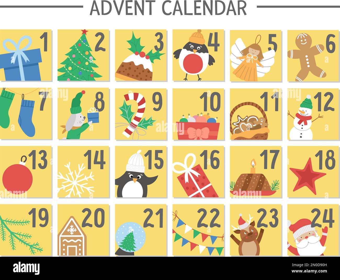 Vector Christmas advent calendar with traditional holiday symbols. Cute ...