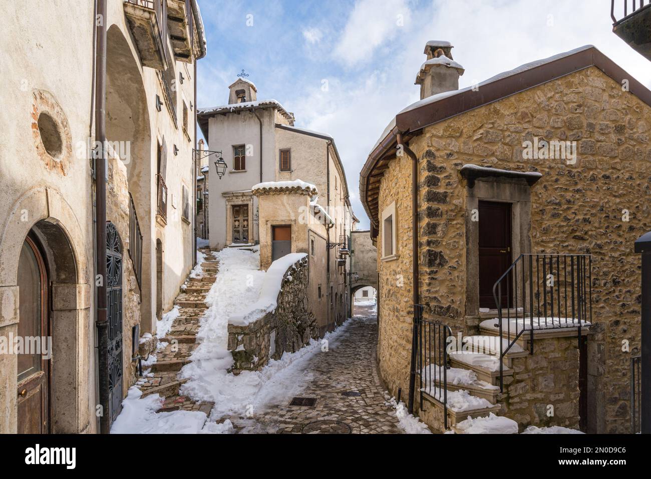 Scenic sight in Barrea during winter time, medieval village in Abruzzo ...