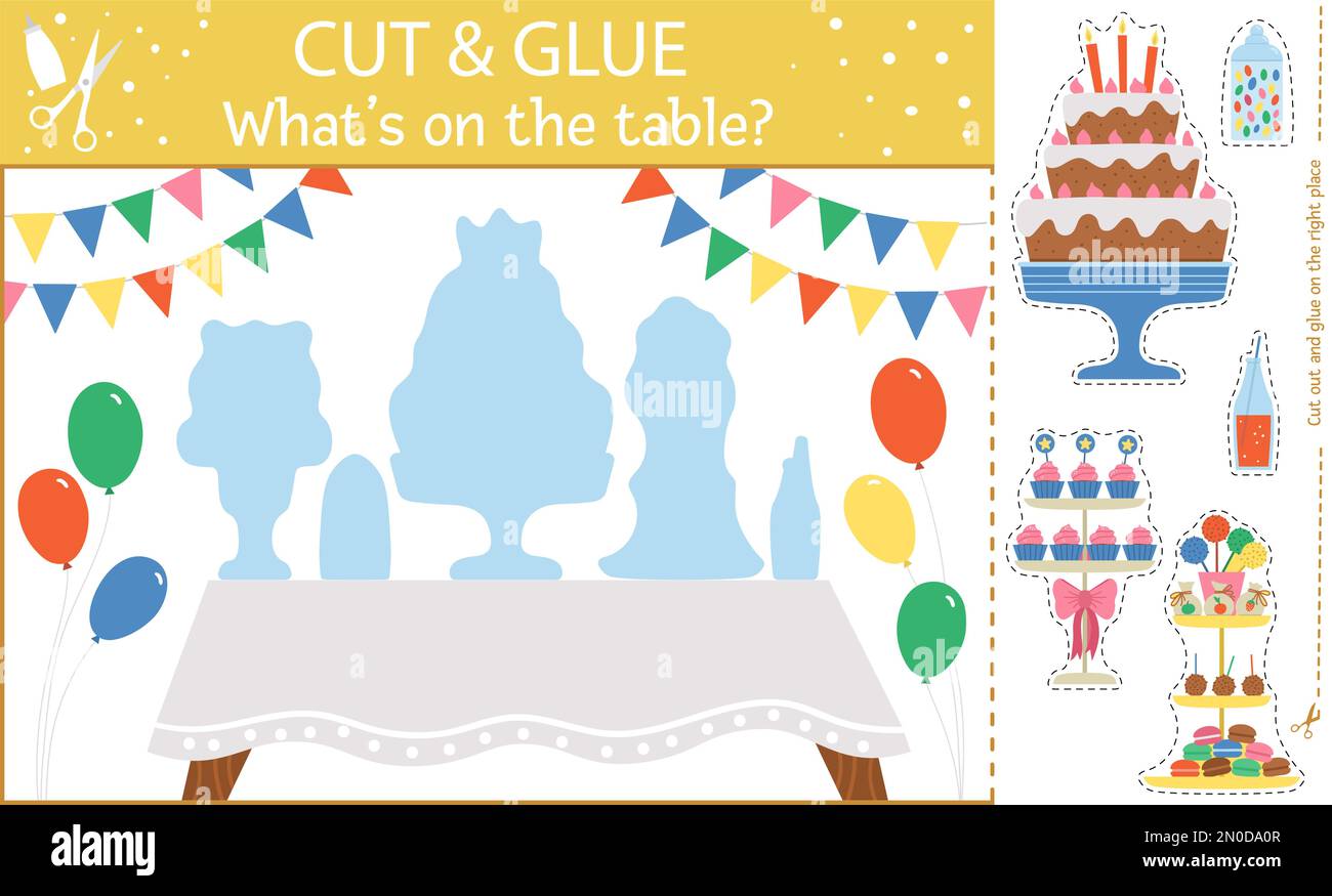 Vector Birthday party cut and glue activity. Holiday educational ...