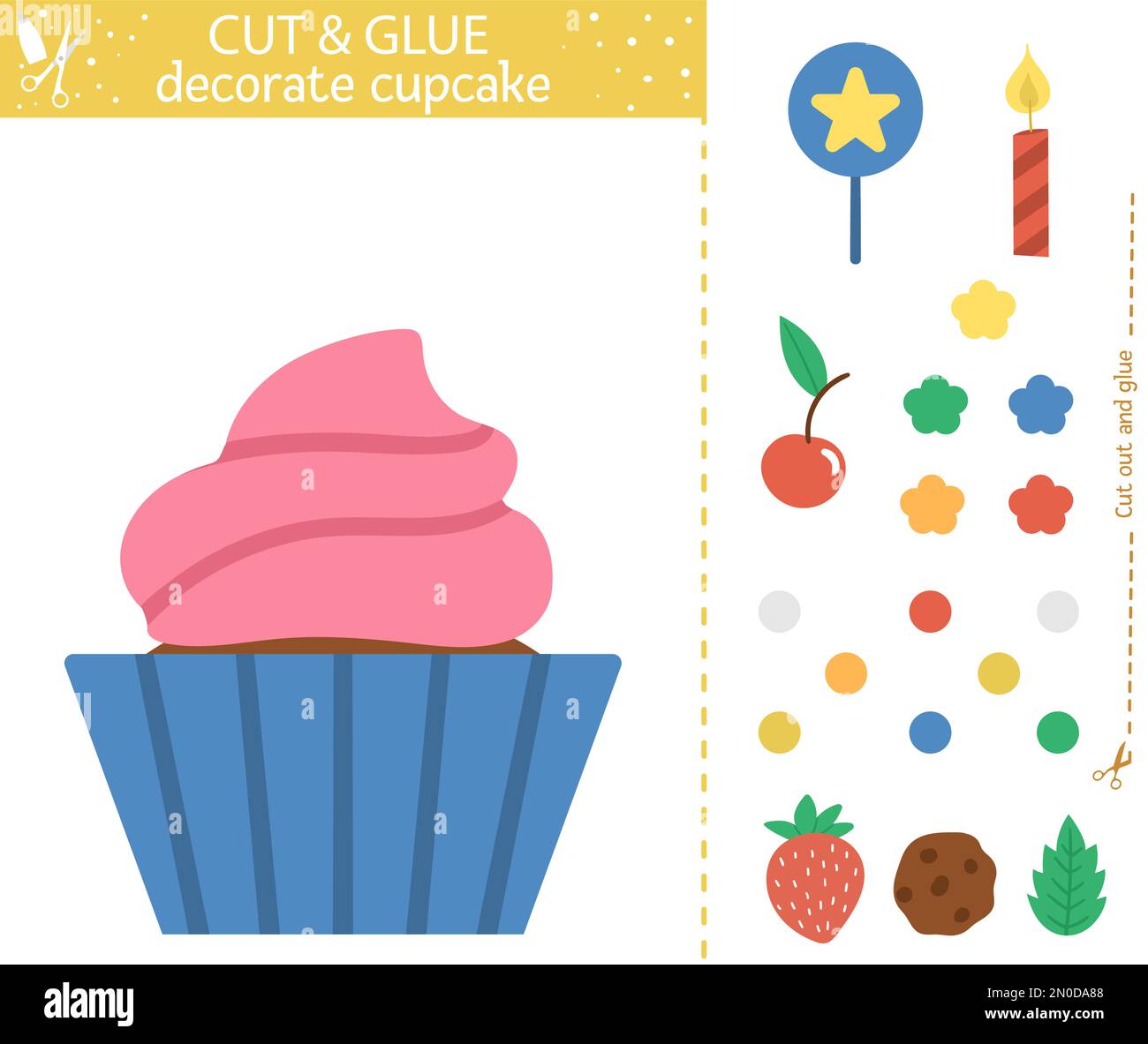 Vector Birthday party cut and glue activity. Holiday educational ...