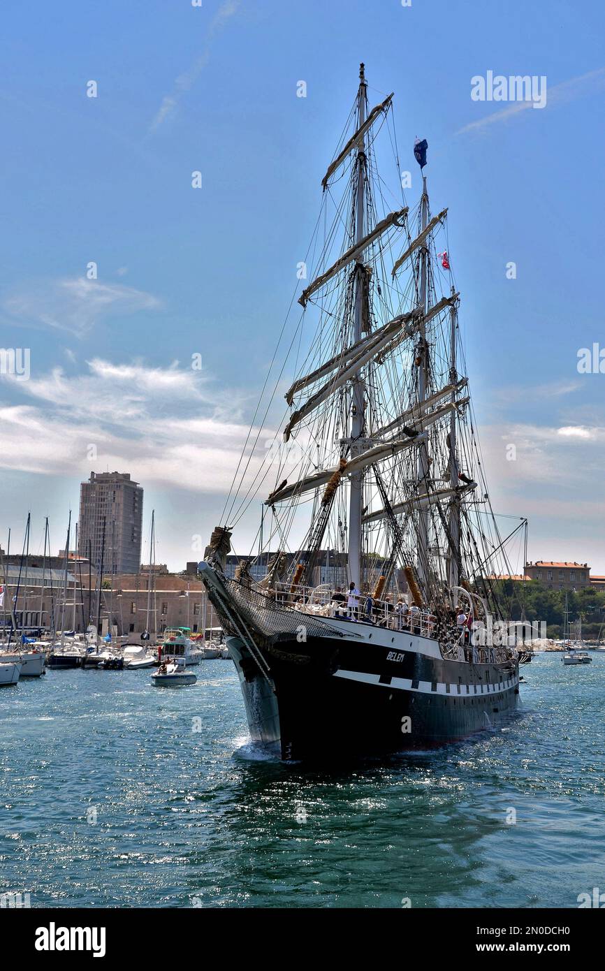 Marseille, France. 26th June, 2014. The French three-masted sailing ship Belem arrives at the ...