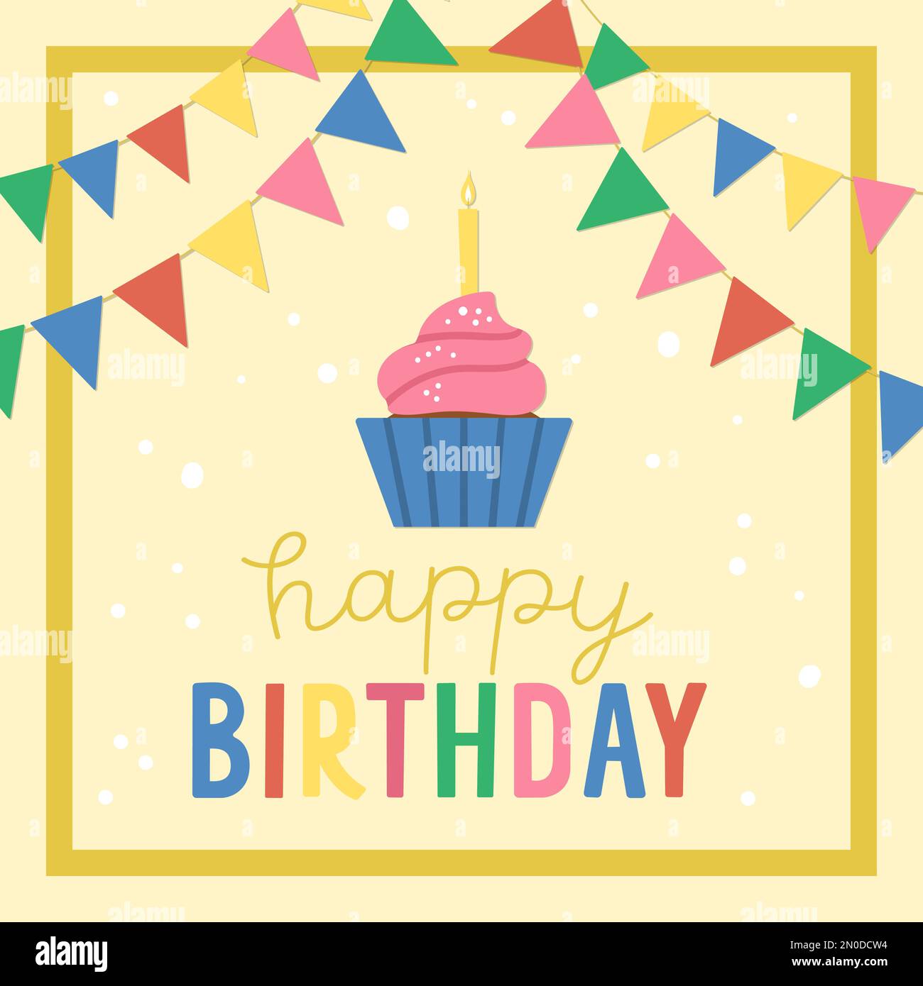 Birthday square greeting card template with cute cupcake and candle ...