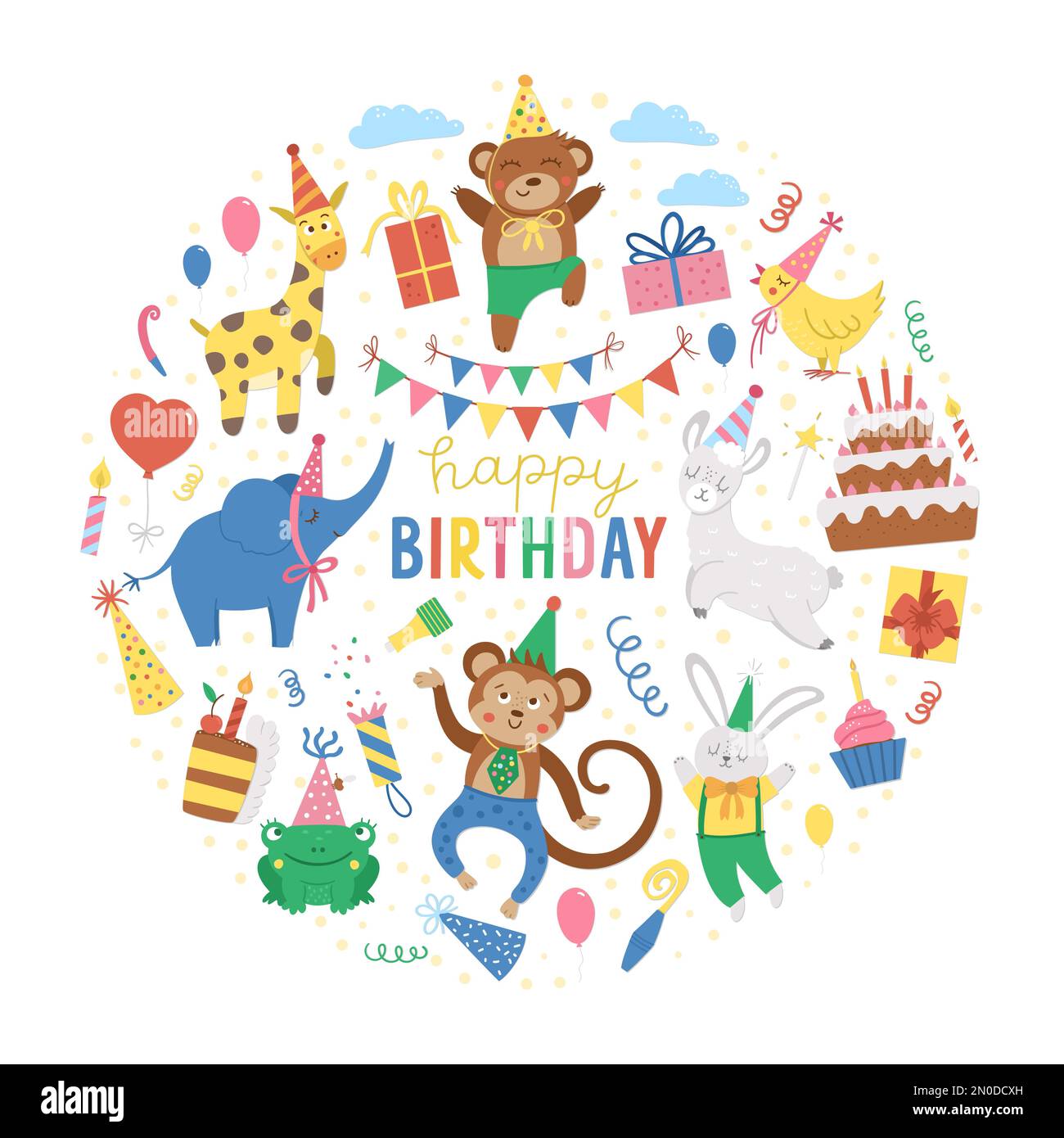 Vector round frame with happy Birthday elements. Traditional ...