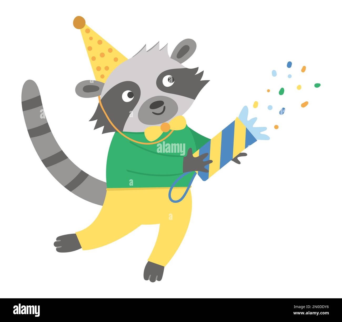 Vector cute raccoon with cracker in birthday hat. Funny b-day animal ...