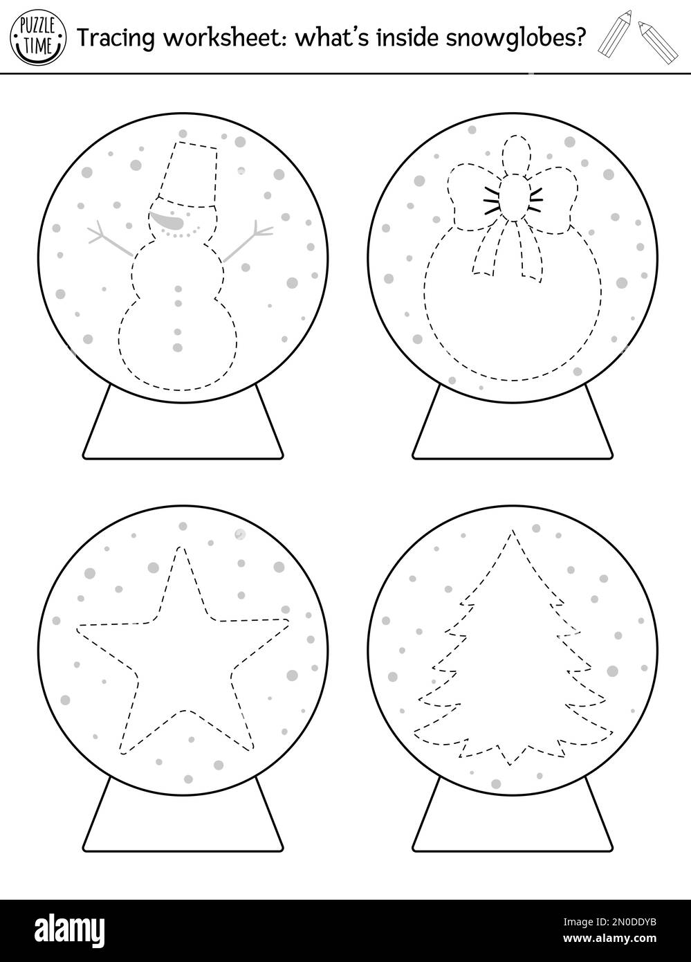 Vector Christmas drawing practice worksheet. Winter printable black and ...