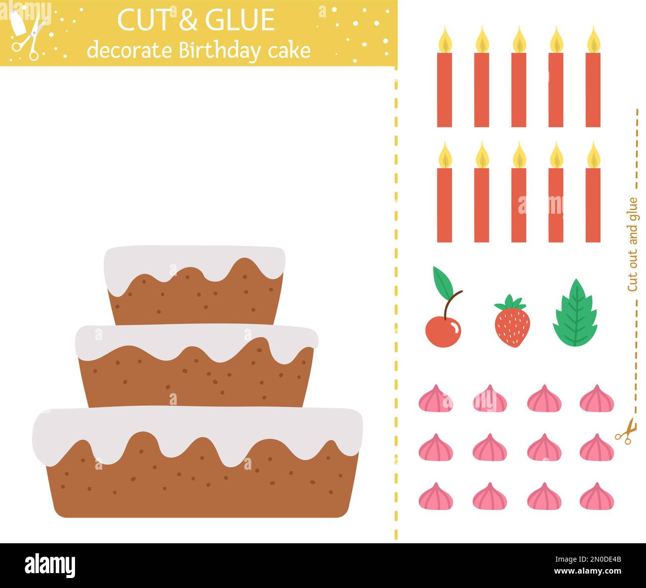 Vector Birthday party cut and glue activity. Holiday educational ...