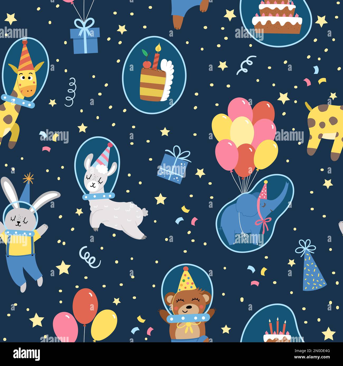 Vector seamless pattern with cute animals in party hats and spacesuits ...