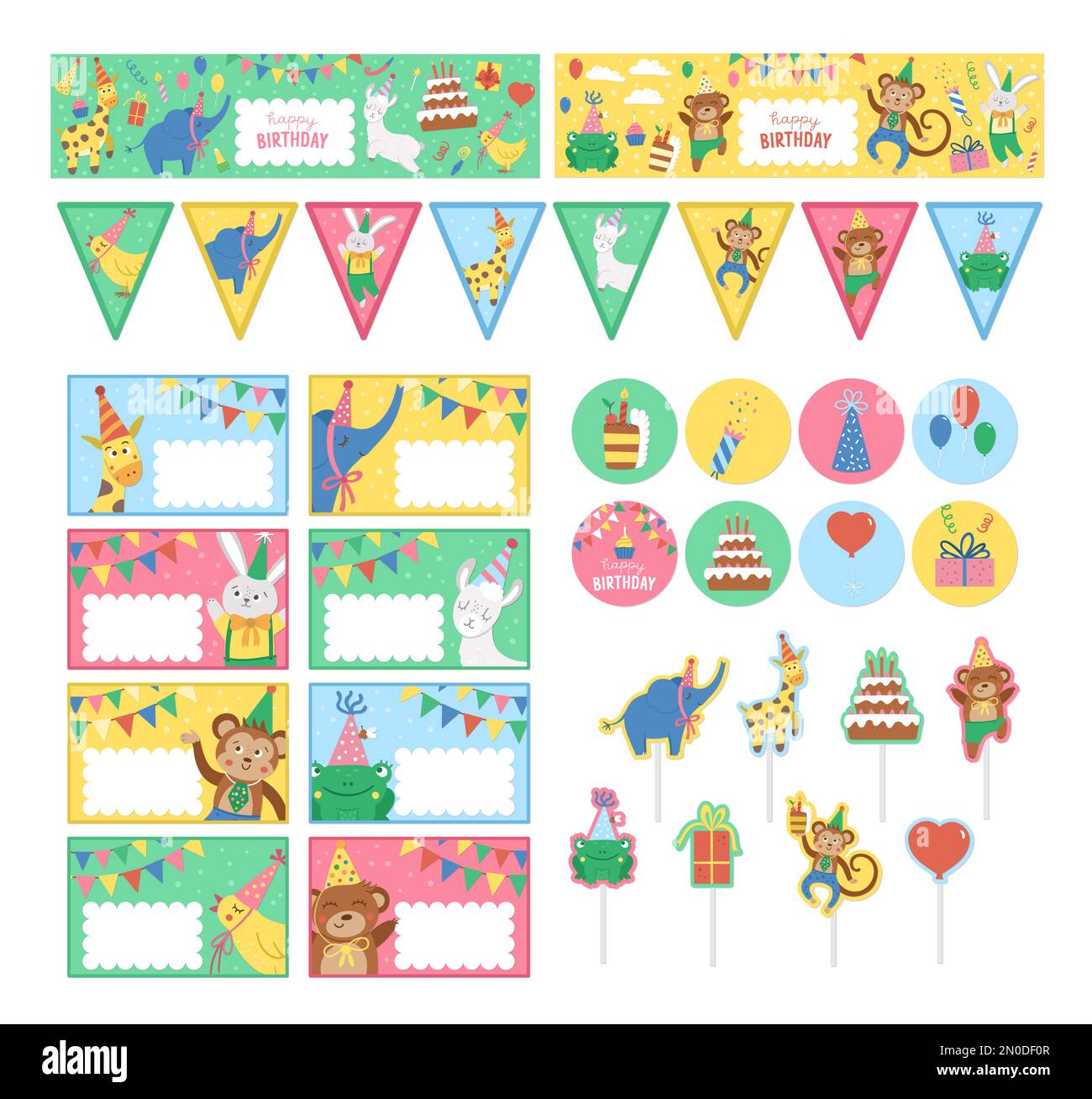 Set of Birthday party templates with cute animals. Anniversary greeting ...