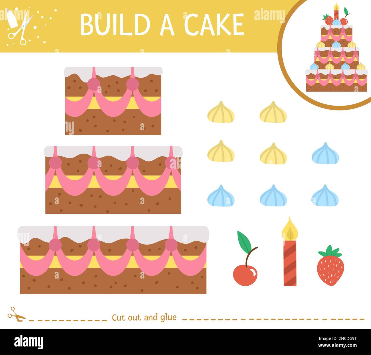 Vector Birthday party cut and glue activity. Holiday educational ...