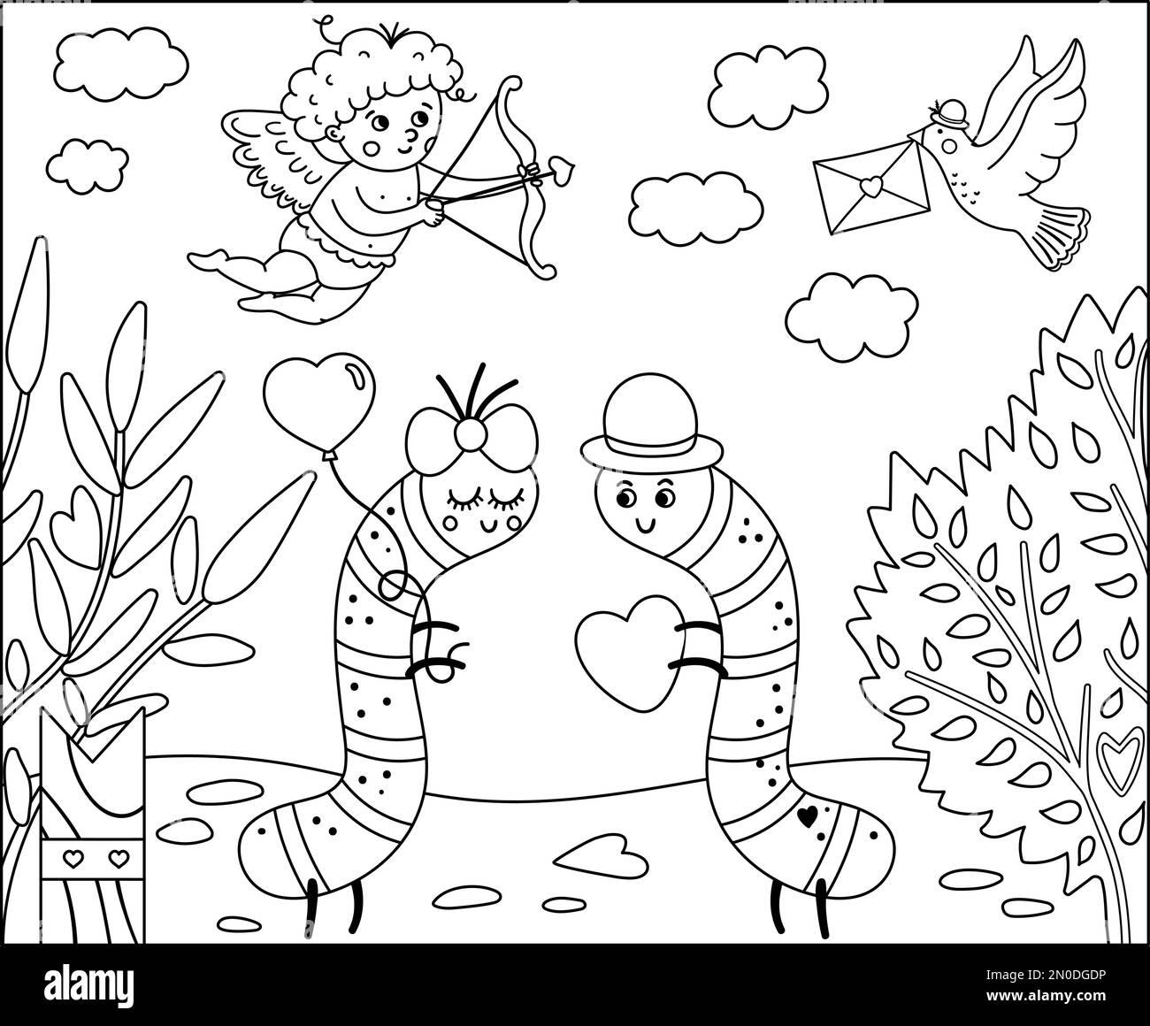 Vector Saint Valentine day black and white background with cute insects ...