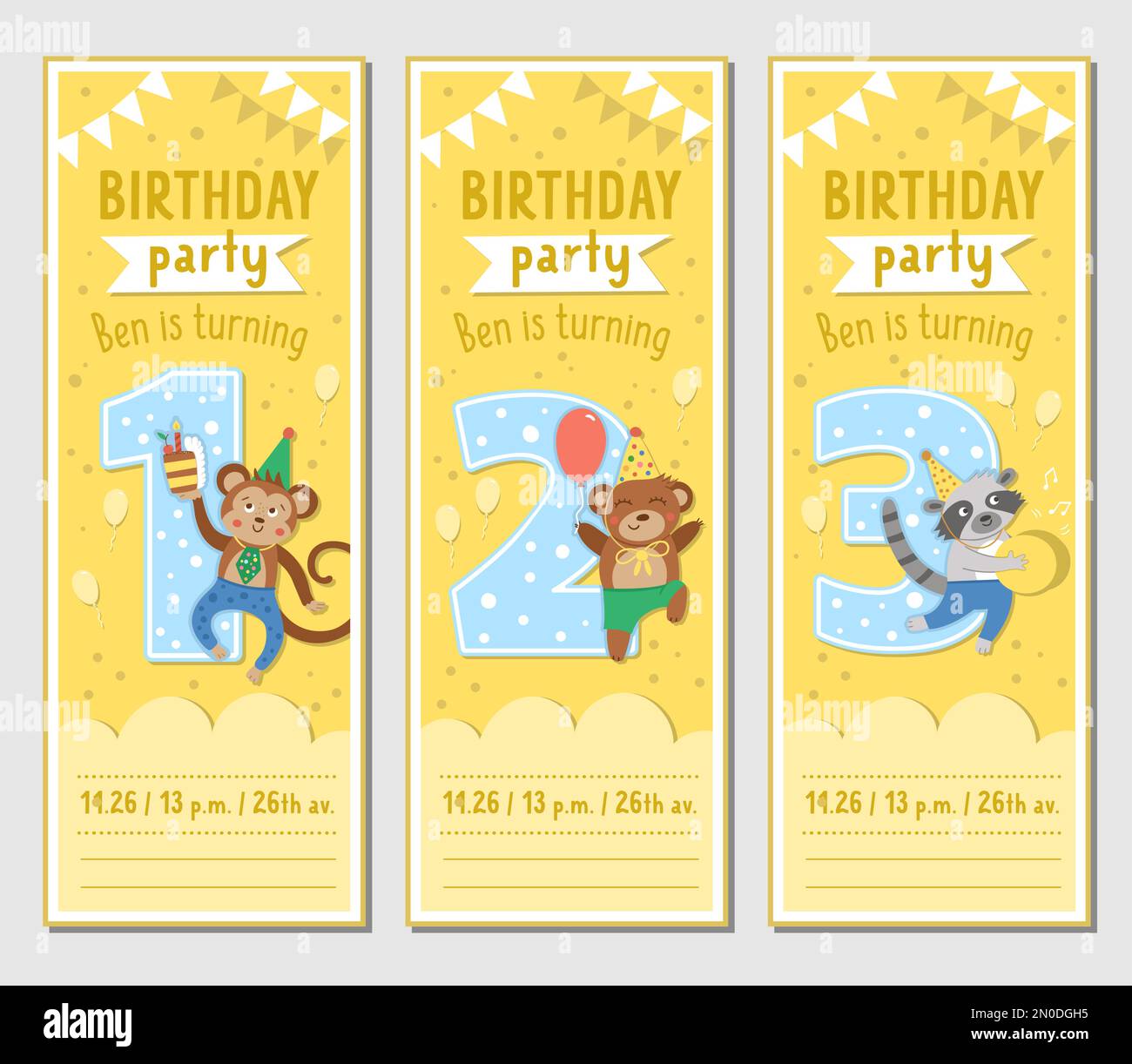 Set of Birthday party greeting card templates with cute animals and 1 ...