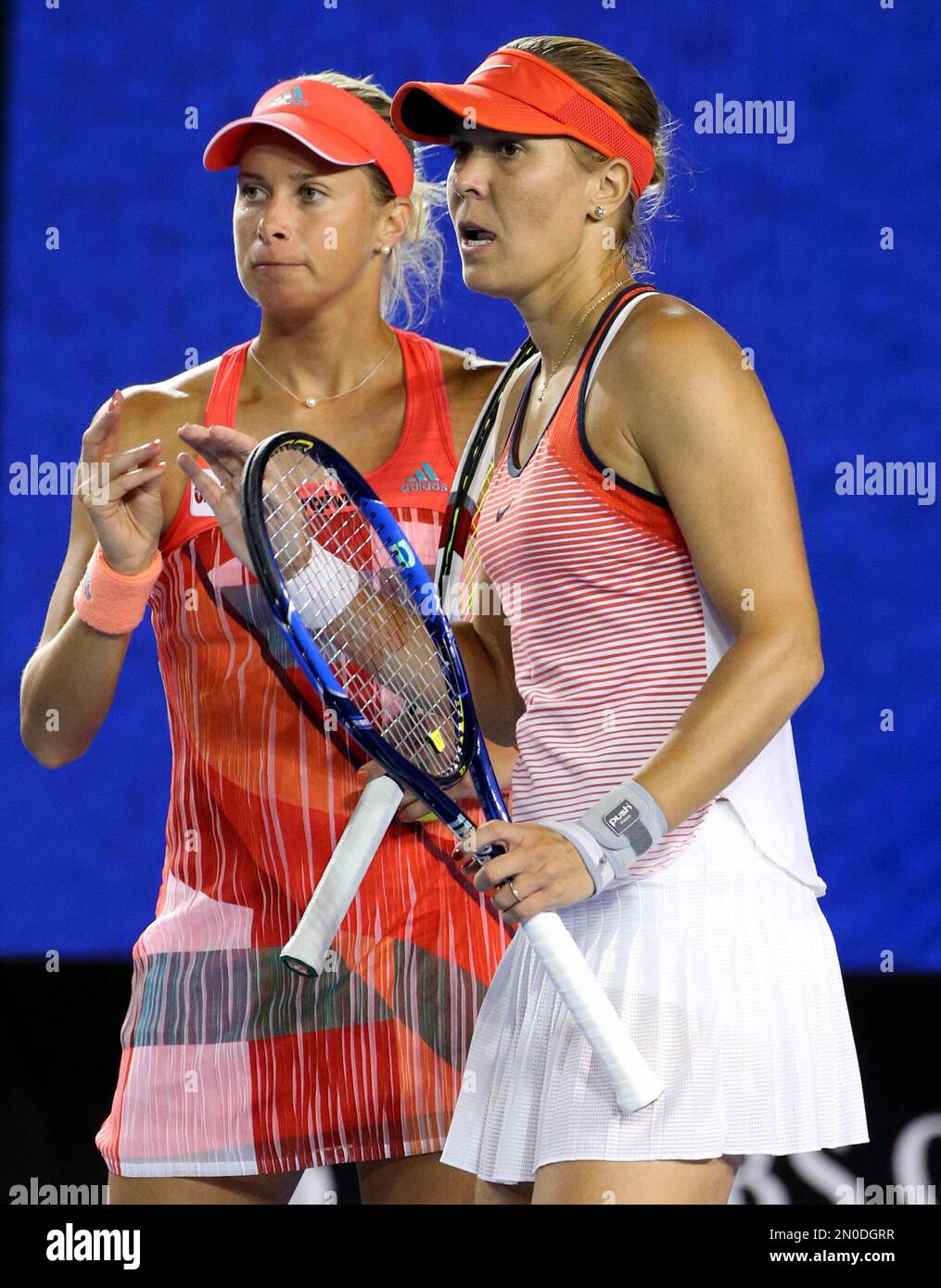 Czech Republic’s Andrea Hlavackova, left, and Lucie Hradecka talk as ...