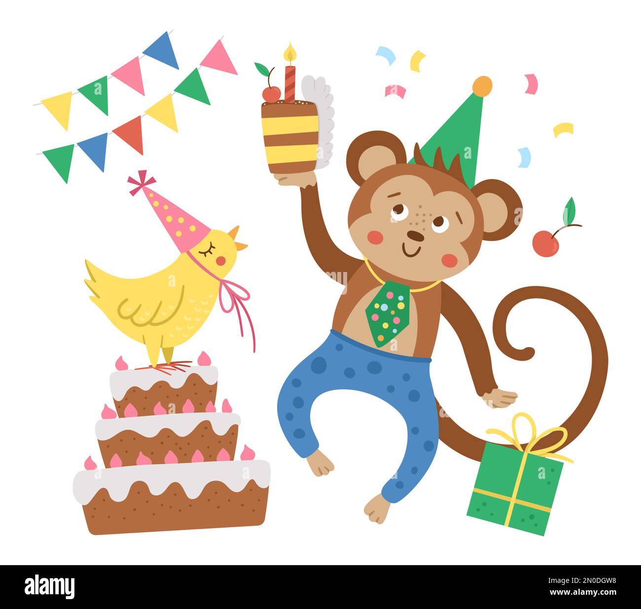 Vector Birthday party composition with cute dancing monkey, cake, bird ...