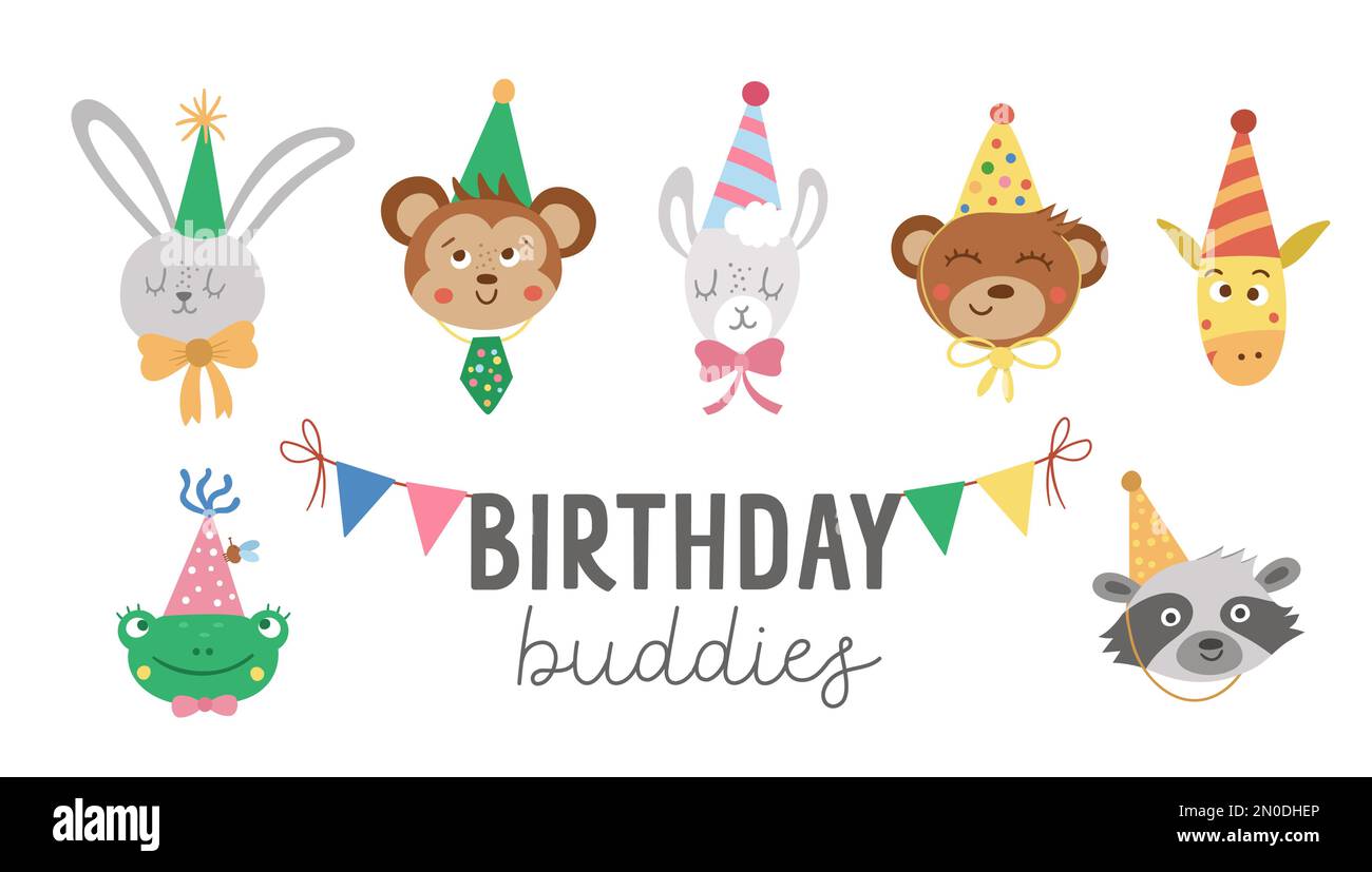 Set of vector cute animal faces in party hats. Birthday avatars ...