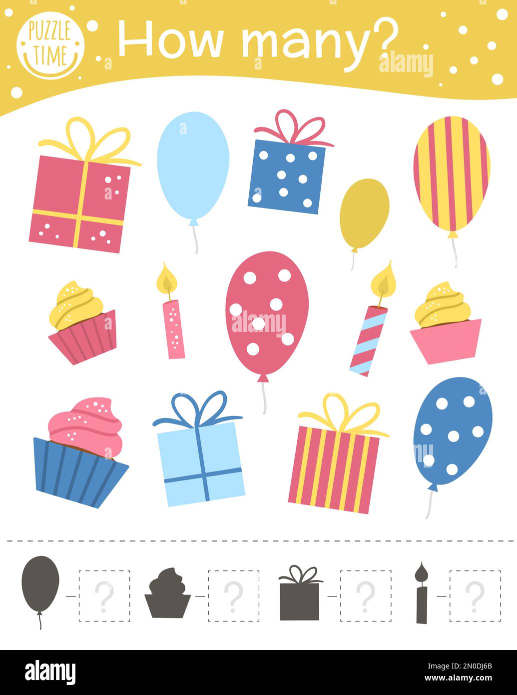 Birthday counting game with balloon, candle, present. Holiday math ...