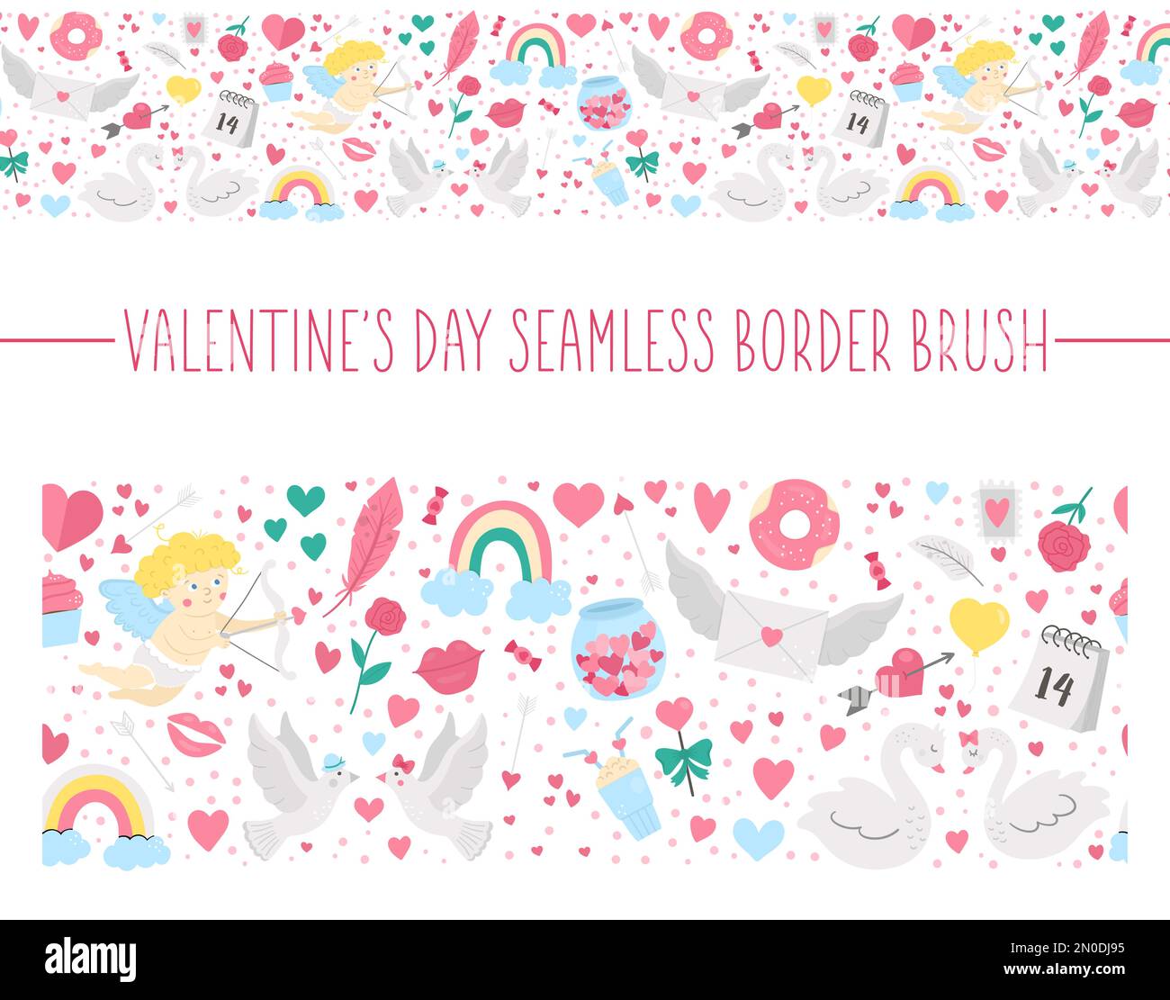 Vector seamless pattern brush with Saint Valentine’s day symbols. Repeating border background ...