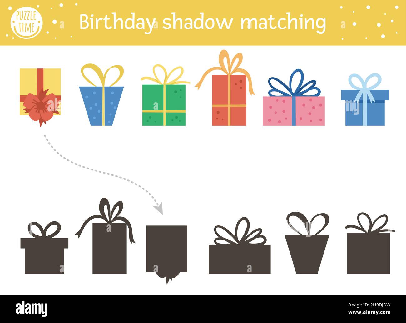Birthday shadow matching activity for children. Fun puzzle with cute ...