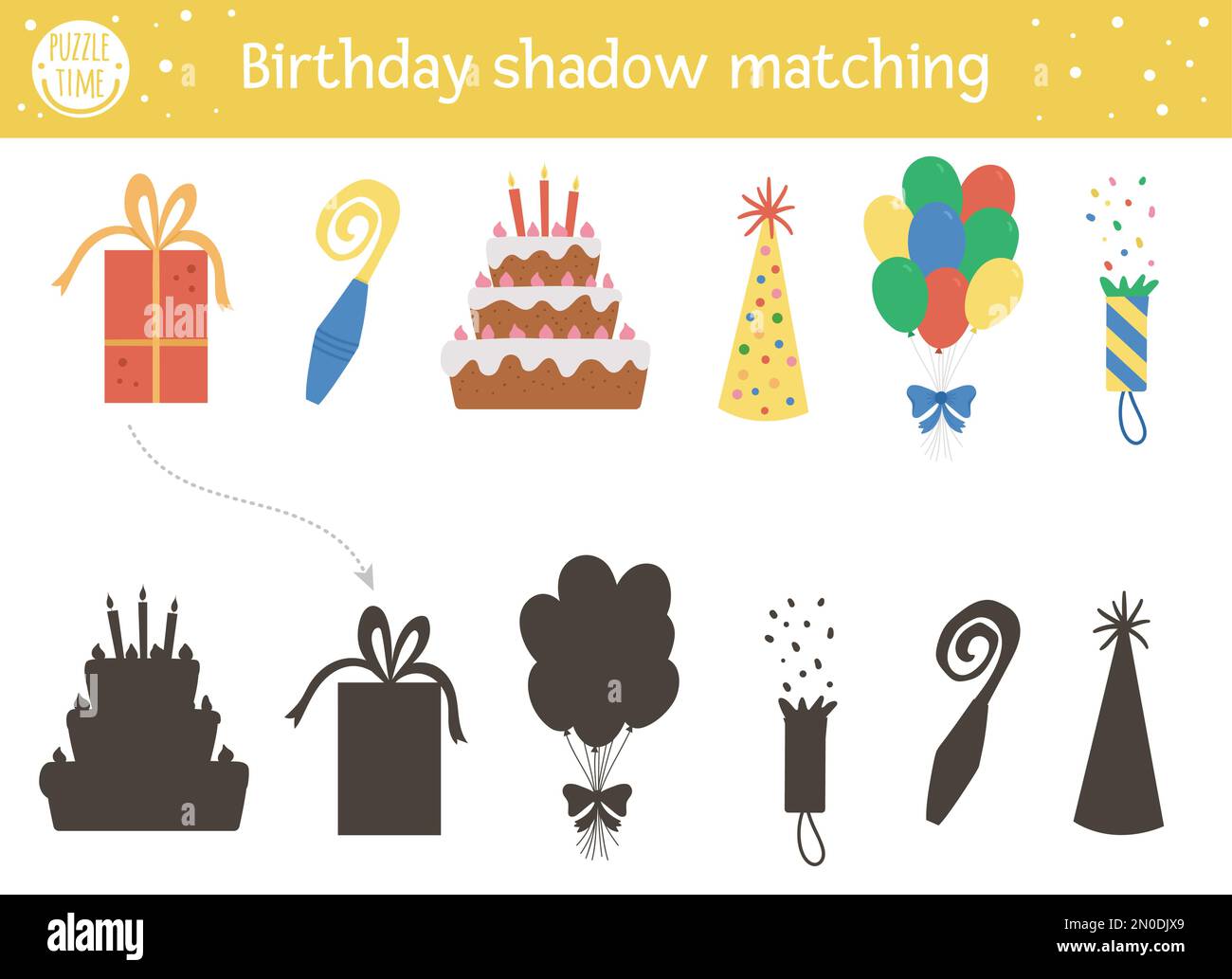Birthday shadow matching activity for children. Fun puzzle with cute ...