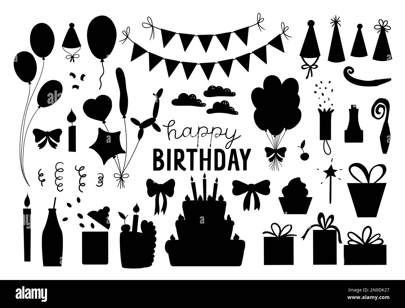 Set of cute Birthday silhouettes. Party celebration clipart collection ...
