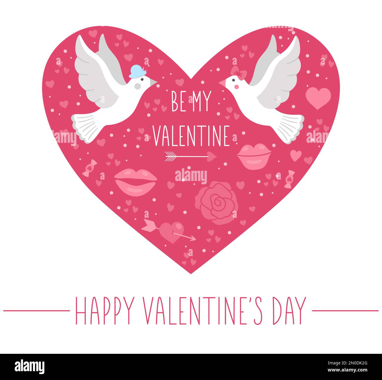 Valentine’s day greeting card template with cute doves, flowers, lips ...