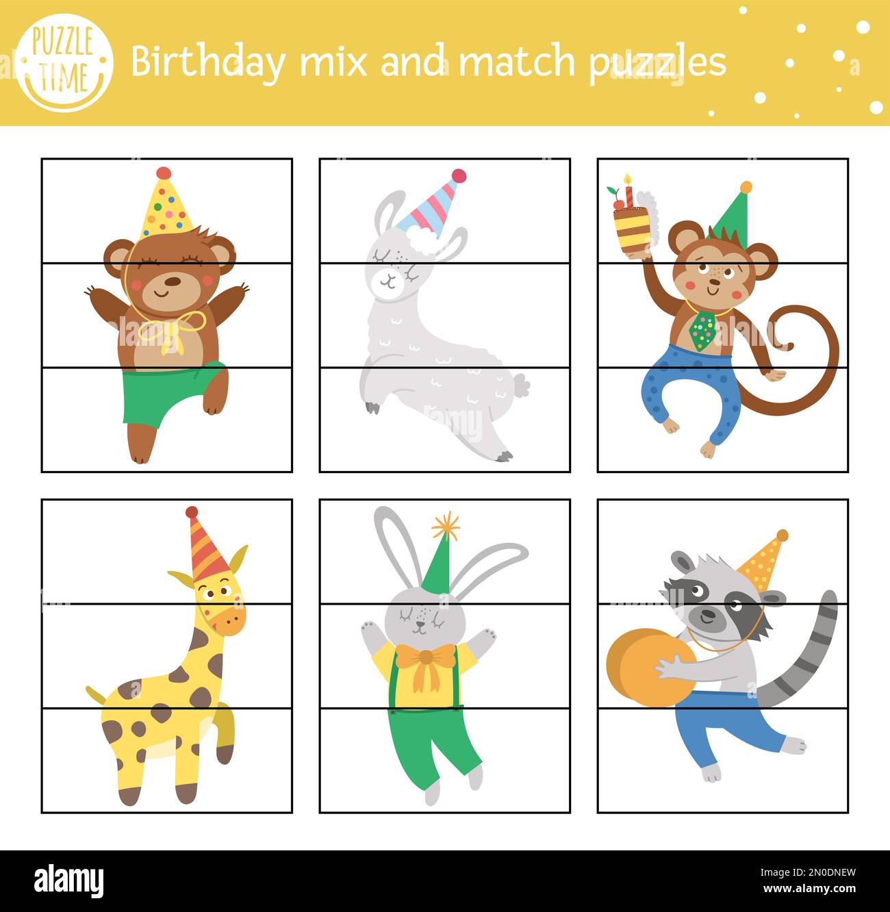 Vector Birthday mix and match puzzle with traditional holiday ...