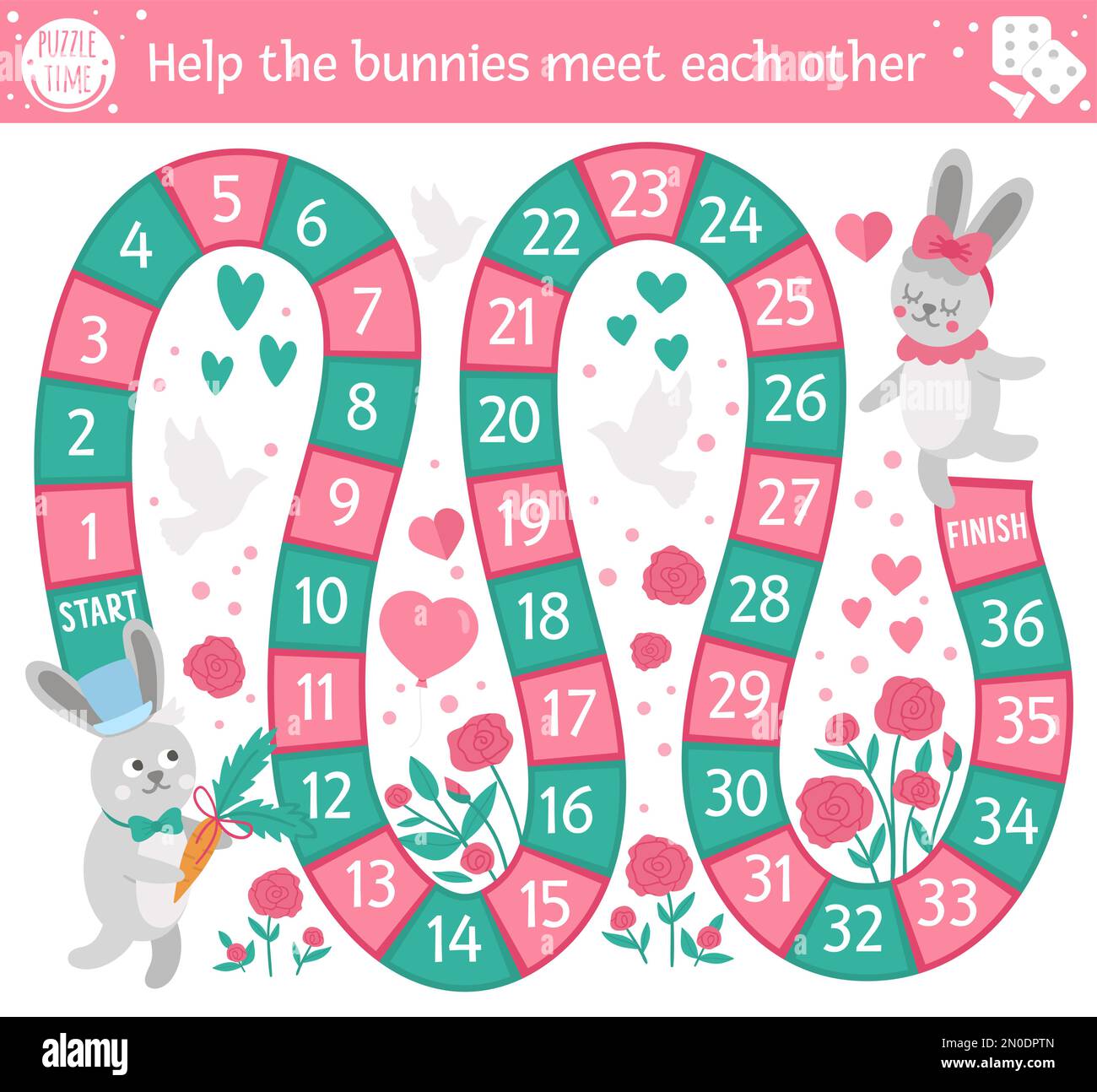Saint Valentine day board game for children with bunnies. Educational ...