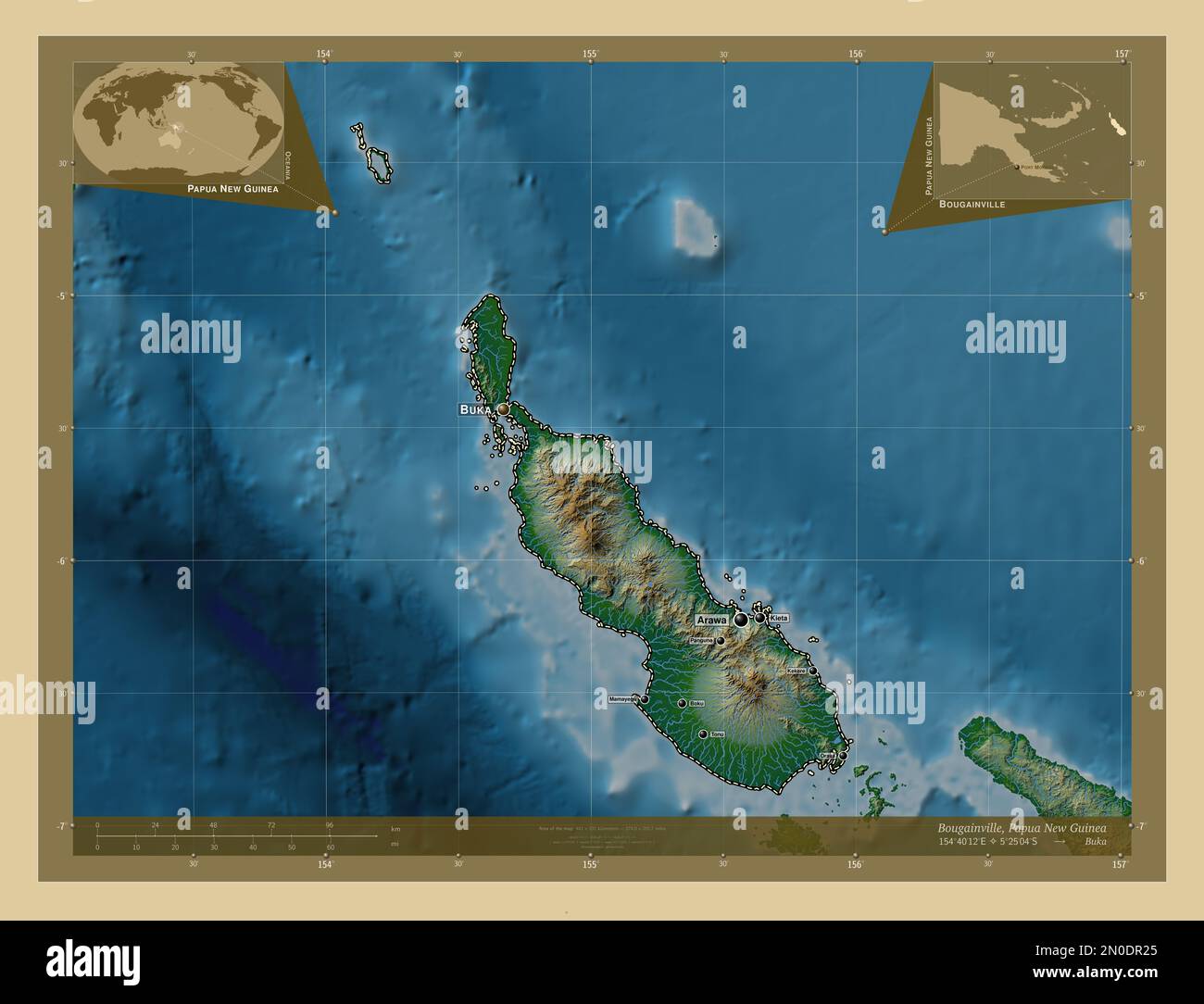 Bougainville, autonomous region of Papua New Guinea. Colored elevation ...